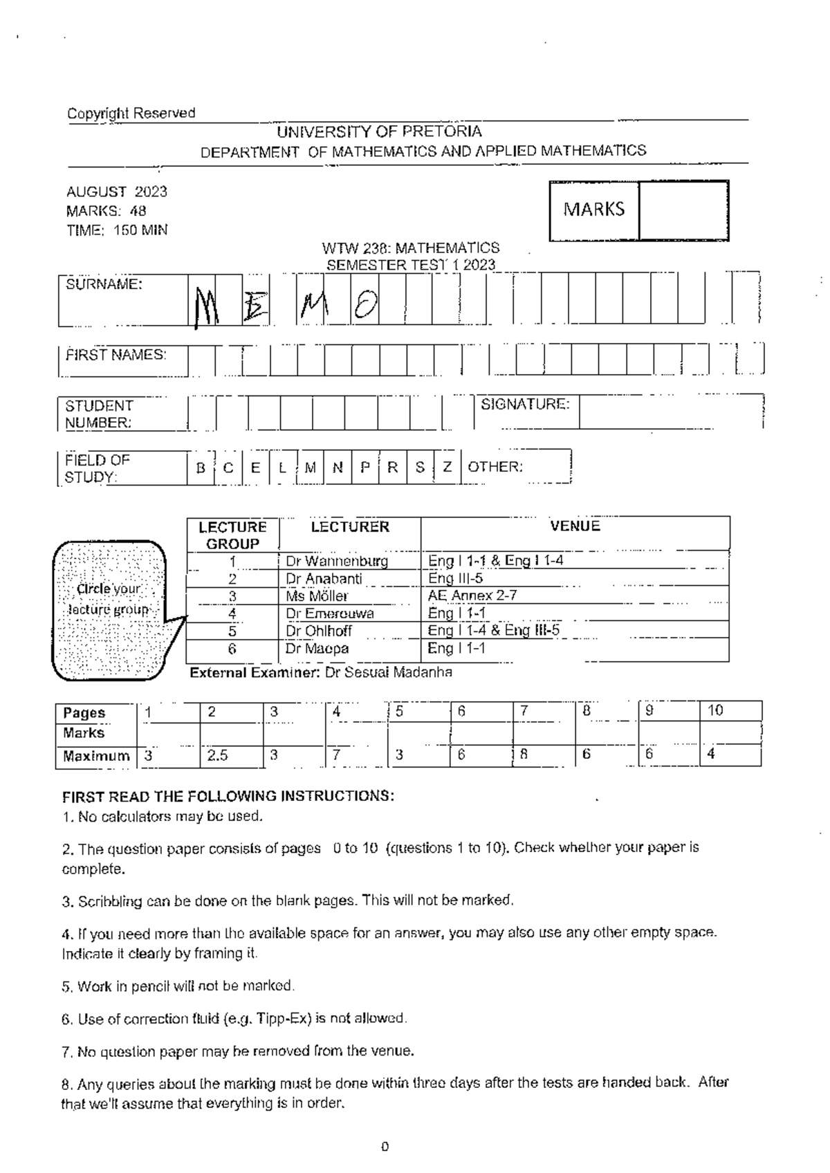 WTW 238 Semester Test 1 MEMO 2023 240817 091943 - Copyright Reserved ...