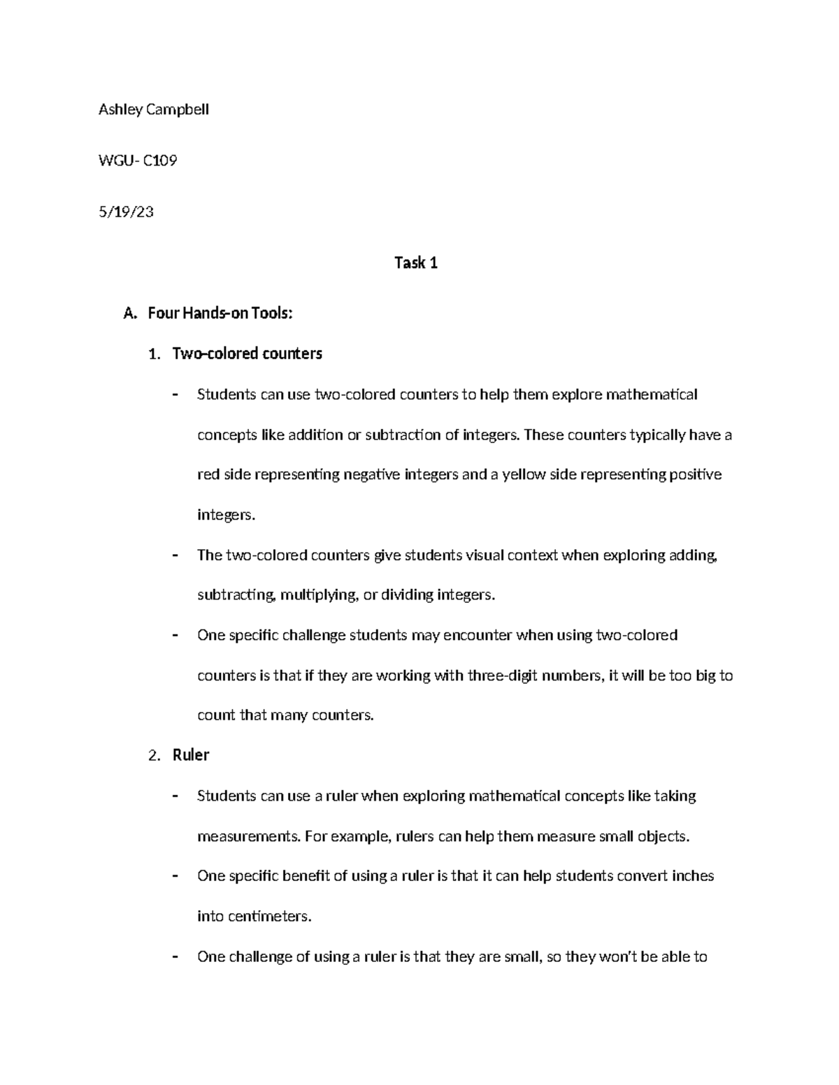 C109 lesson plan - Ashley Campbell WGU- C 5/19/ Task 1 A. Four Hands-on ...