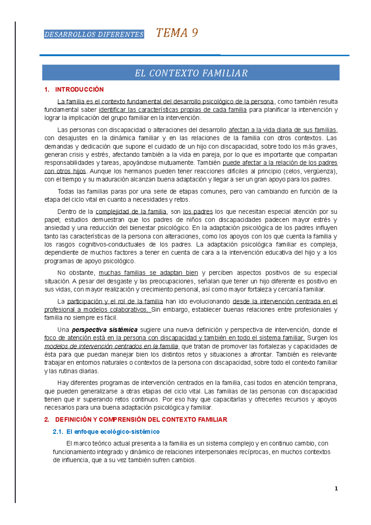 9. EL Contexto Familiar - DESARROLLOS DIFERENTES TEMA 9 EL CONTEXTO ...