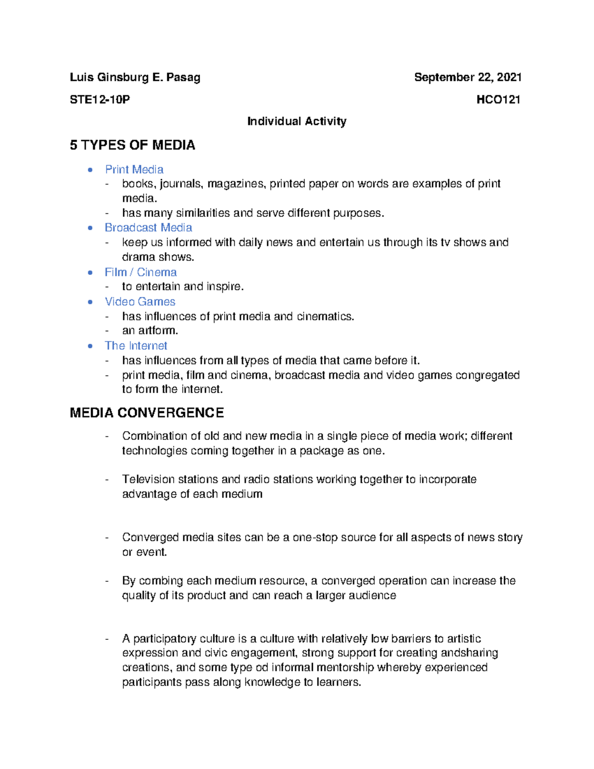 Pasag Individual Activity#2 HCO121 - Luis Ginsburg E. Pasag September ...