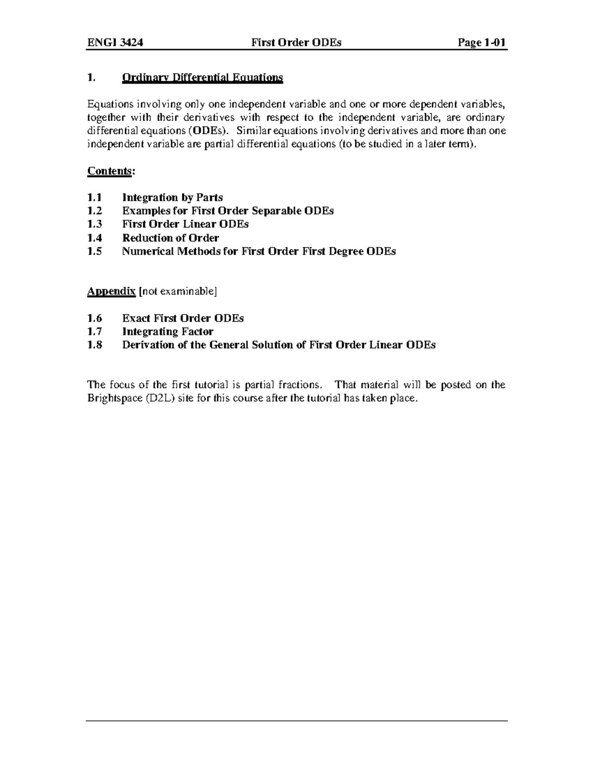 Lecture 2 first order ode - ENGI 3424 First Order ODEs Page 1- Ordinary Differential Equations ...