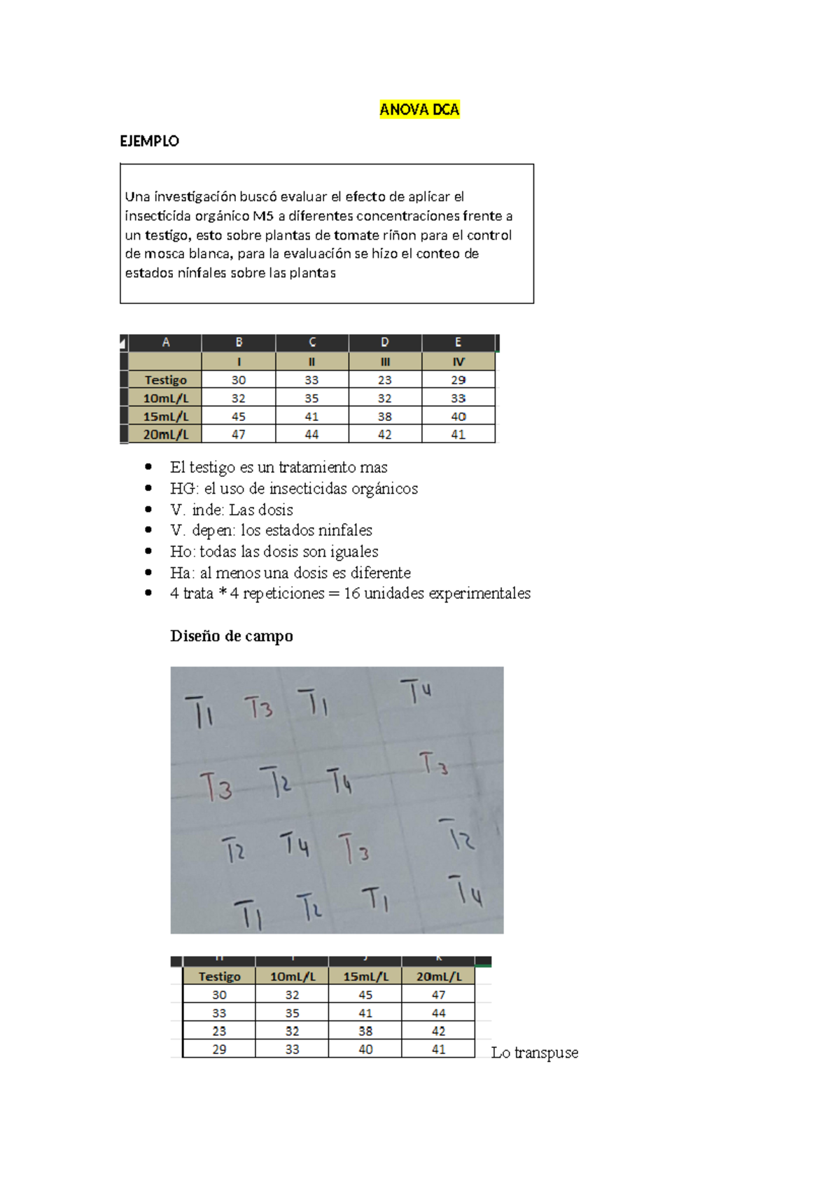 Anova DCA y DBCA - Material de estudio - ANOVA DCA EJEMPLO Una investigación buscó evaluar el ...
