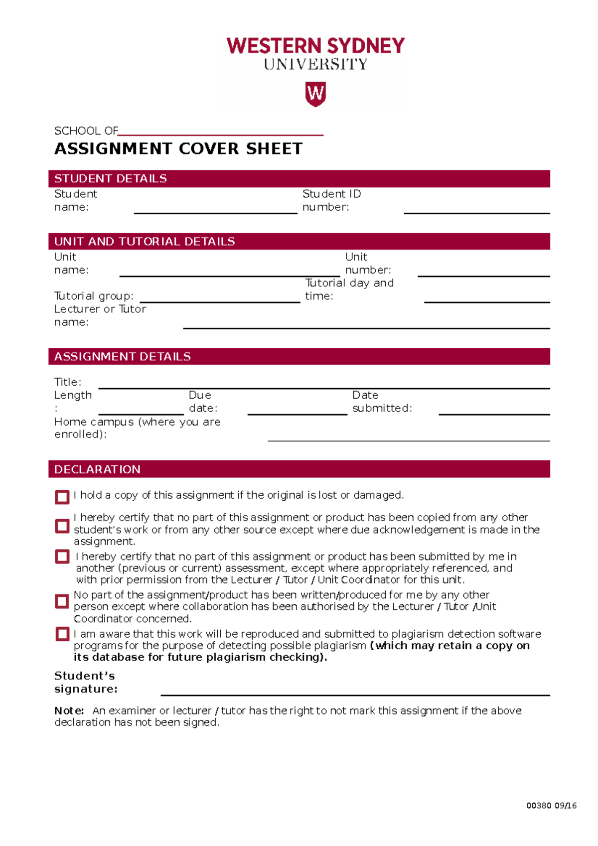 Assignment cover sheet- Fillable online - SCHOOL OF ASSIGNMENT COVER ...