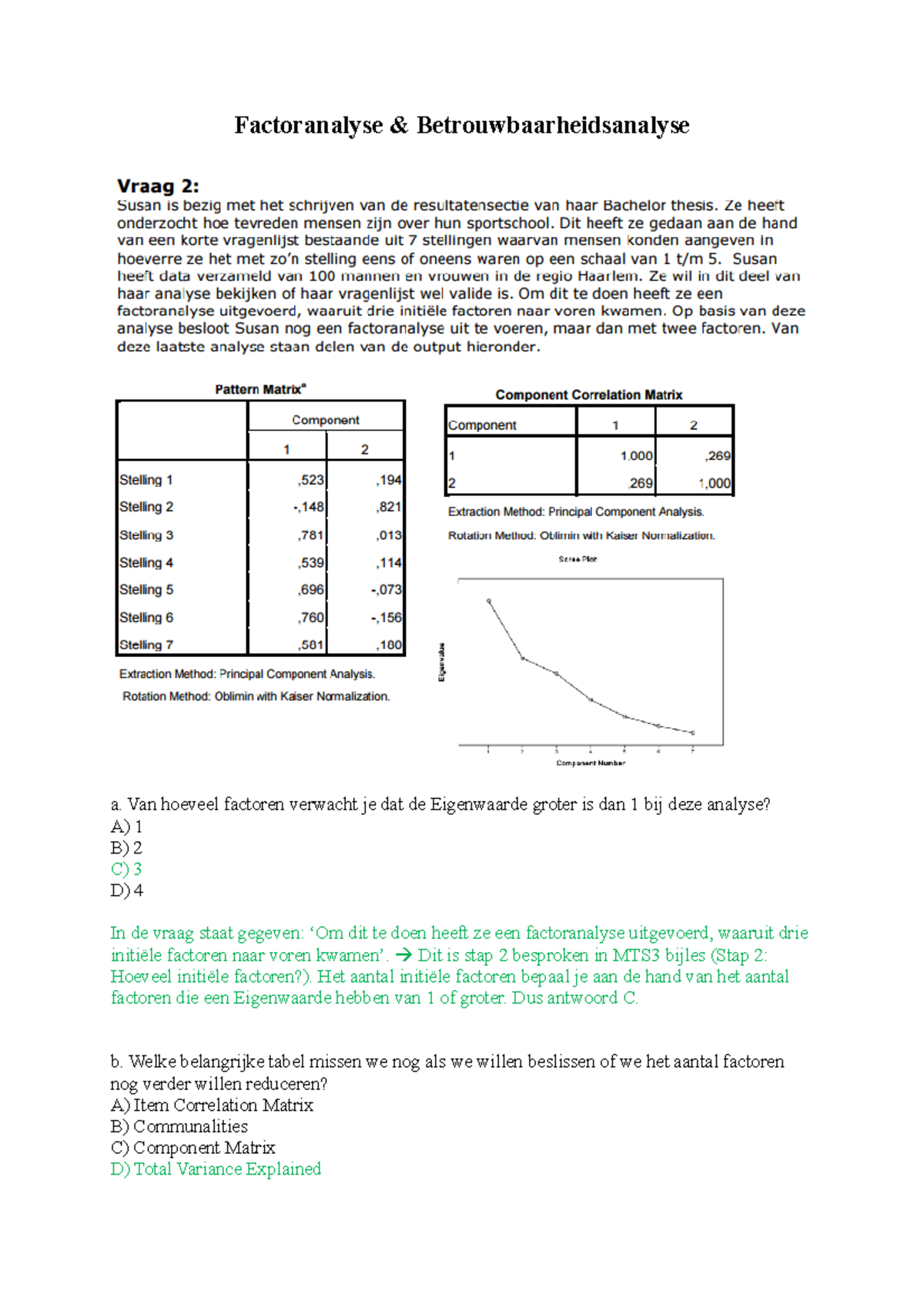 Uitwerkingen oefenopgaven MTS3 bijles 1 - Factoranalyse & Betrouwbaarheidsanalyse a. Van ...