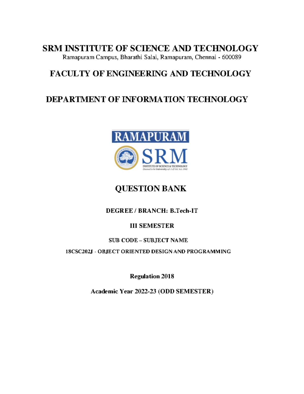 OODP question bank - SRM INSTITUTE OF SCIENCE AND TECHNOLOGY Ramapuram ...