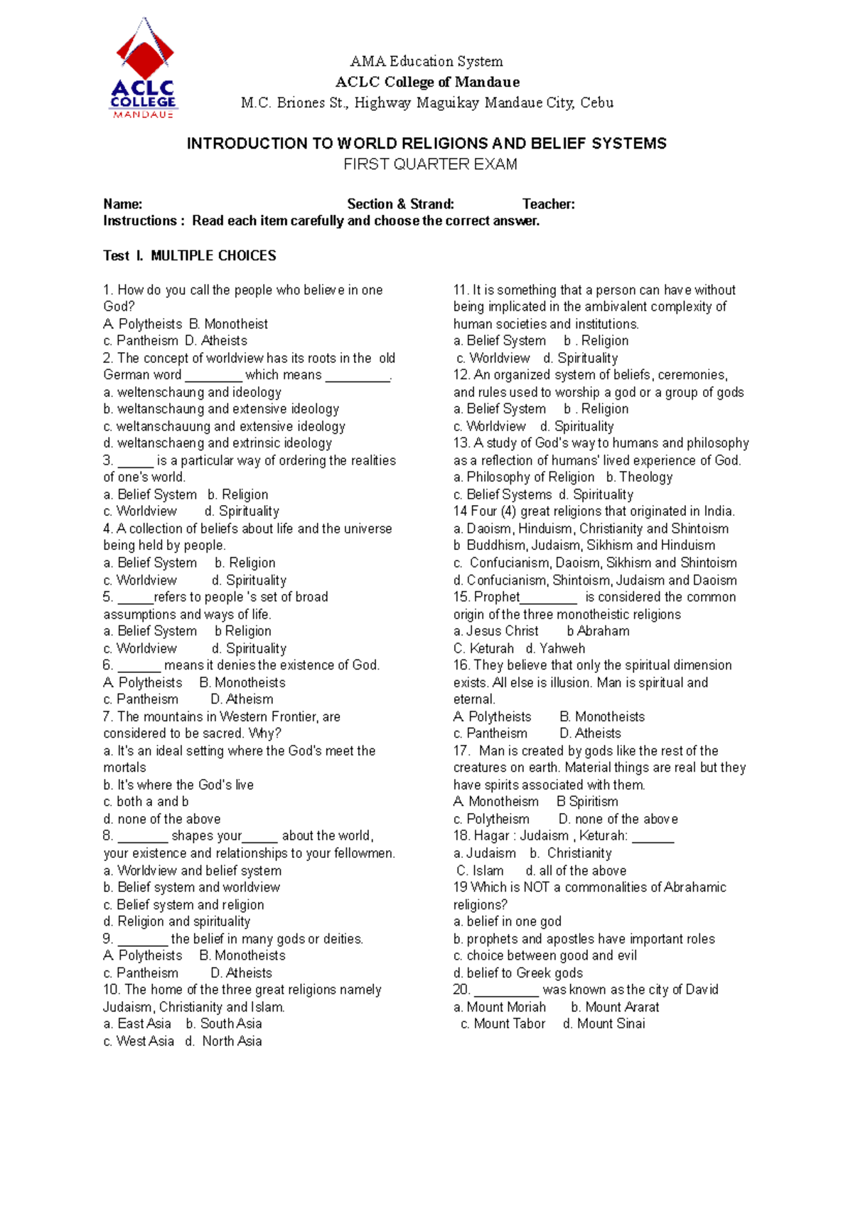 1st-Quarter-Exam-Oral-Com - AMA Education System ACLC College of ...
