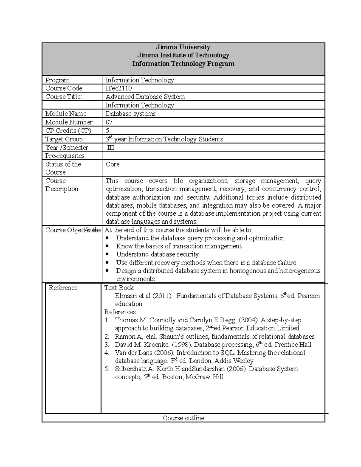 Courseout Line - Advanced Database Systems - Jimma University Jimma Institute of Technology ...