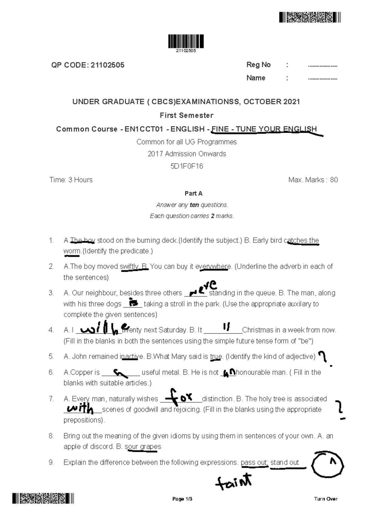 Fine Tune QP 2020 - question paper 2020 - QP CODE: 21102505 Reg No : ..................... Name ...