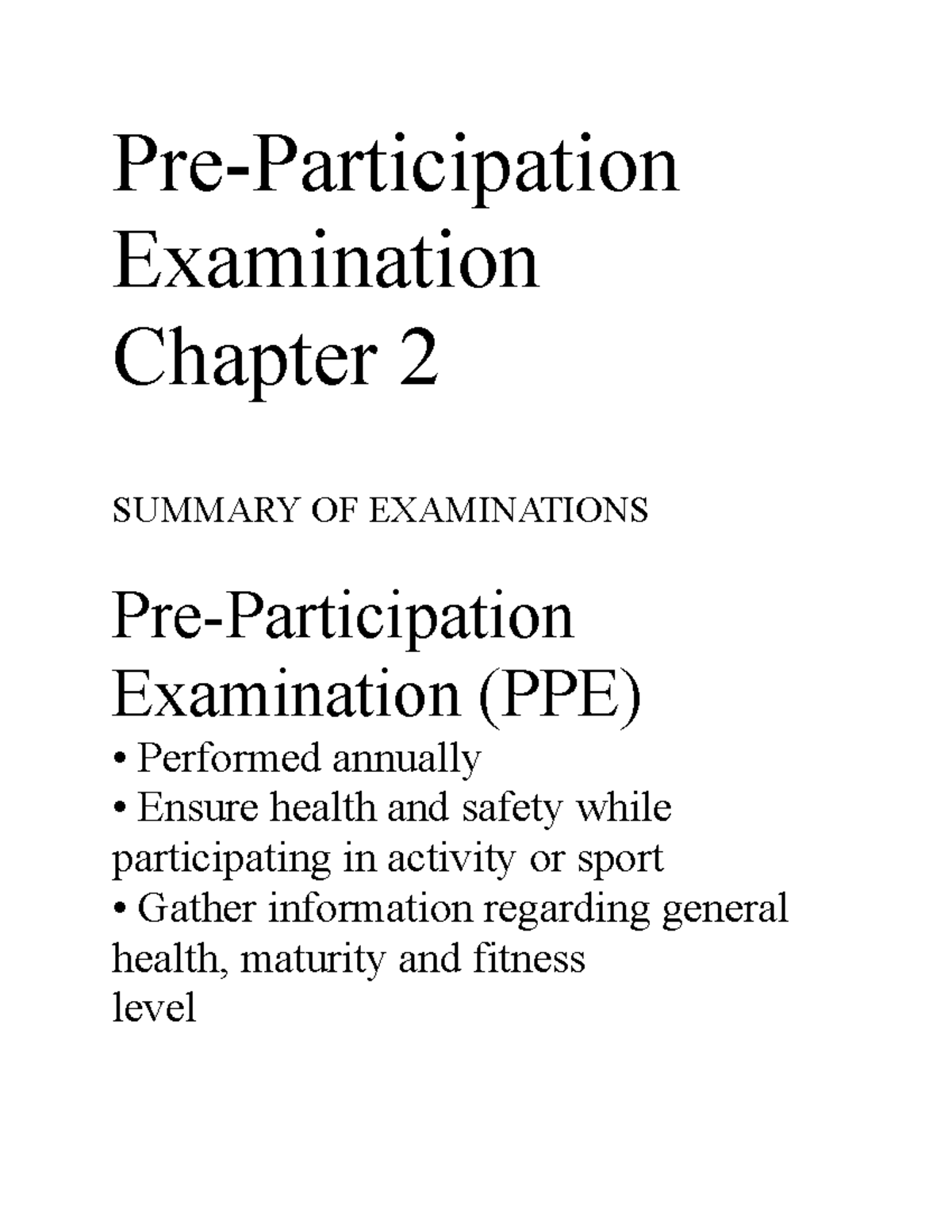 Chapter 2 PPE - 01 SUM - Pre-Participation Examination Chapter 2 SUMMARY OF EXAMINATIONS - Studocu