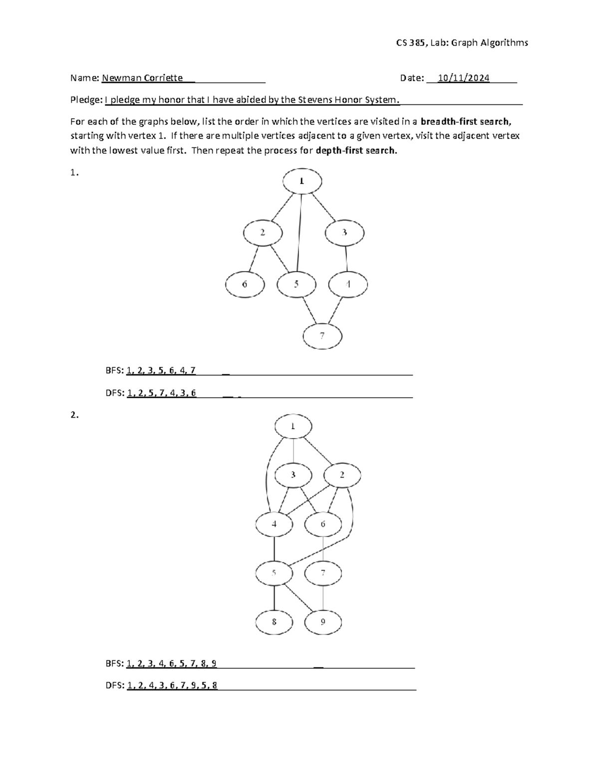 Lab Graph Algorithms 1 Cs 385 Lab Graph Algorithms Name Newman