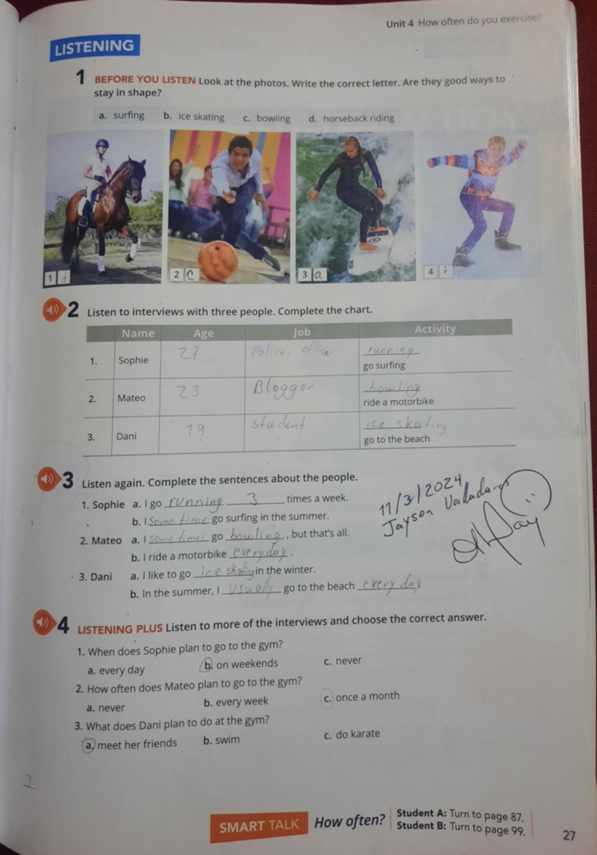 Pagina 27,28 unidad 4 del smart choice - Unit 4 How often do you exercise? LISTENING 1 BEFORE ...