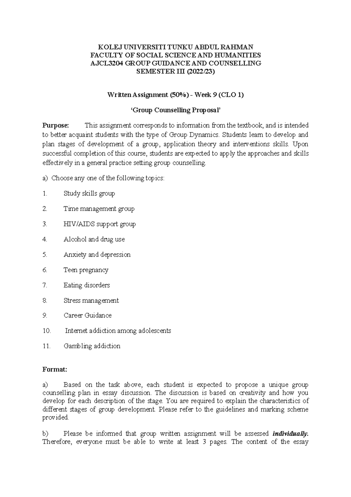 Coursework Assignment AJCL3204 Group Guidance and Counselling - KOLEJ ...