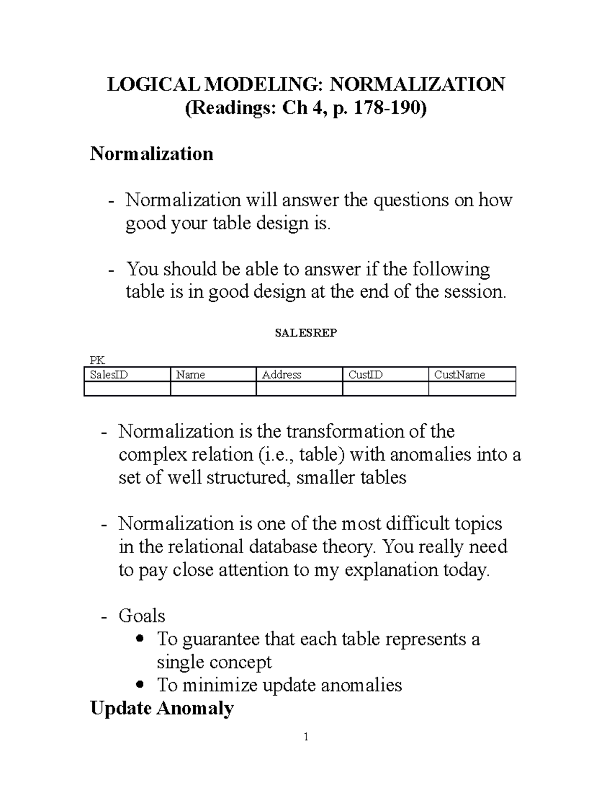 Note 5 (Normalization 2020 Spring) - LOGICAL MODELING: NORMALIZATION ...