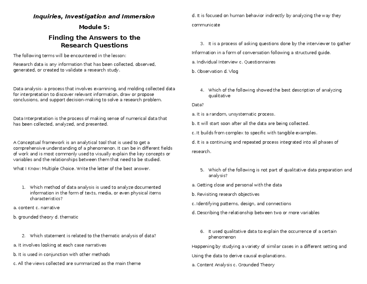 III NOTE MOD 5 - Finding the Answers to the Research Questions ...