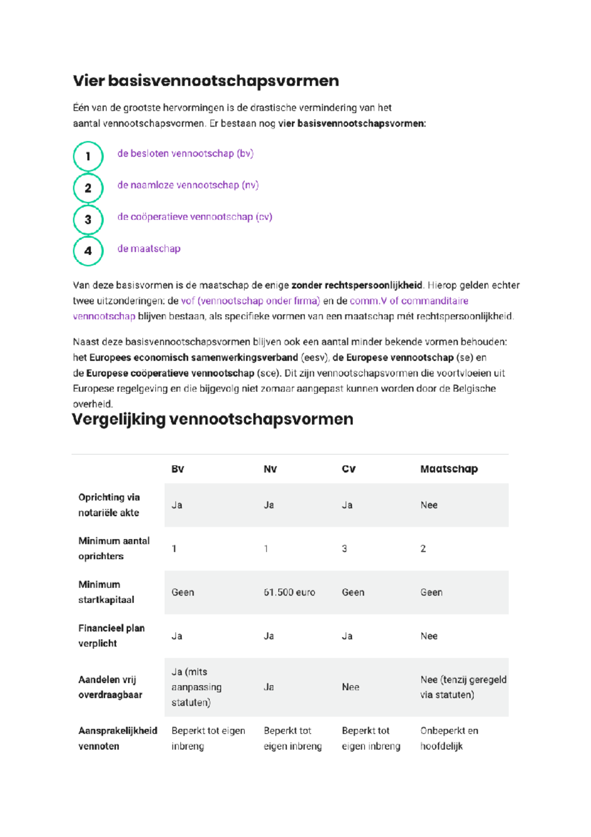 Overzicht vennootschapsvormen - Venootschapsrecht en -boekhouden - Studocu