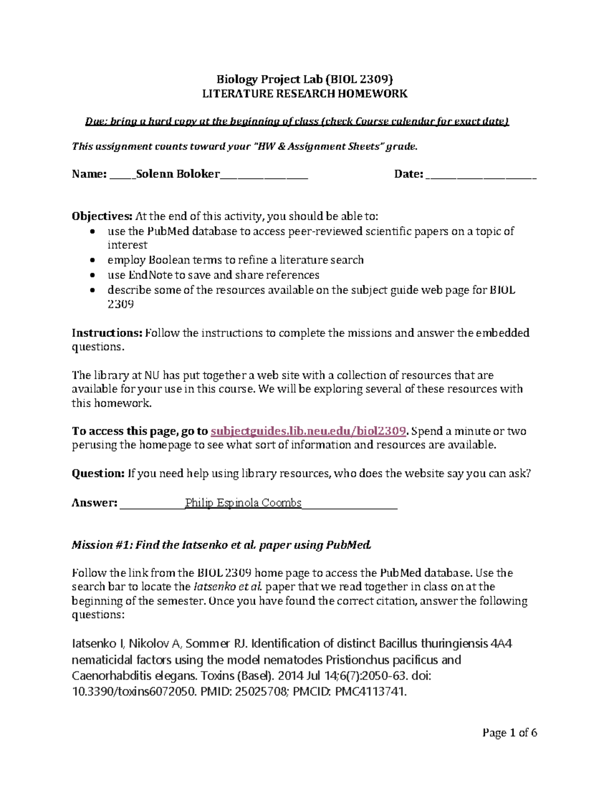 Literature Research Homework - BIOL2309 - NU - Studocu