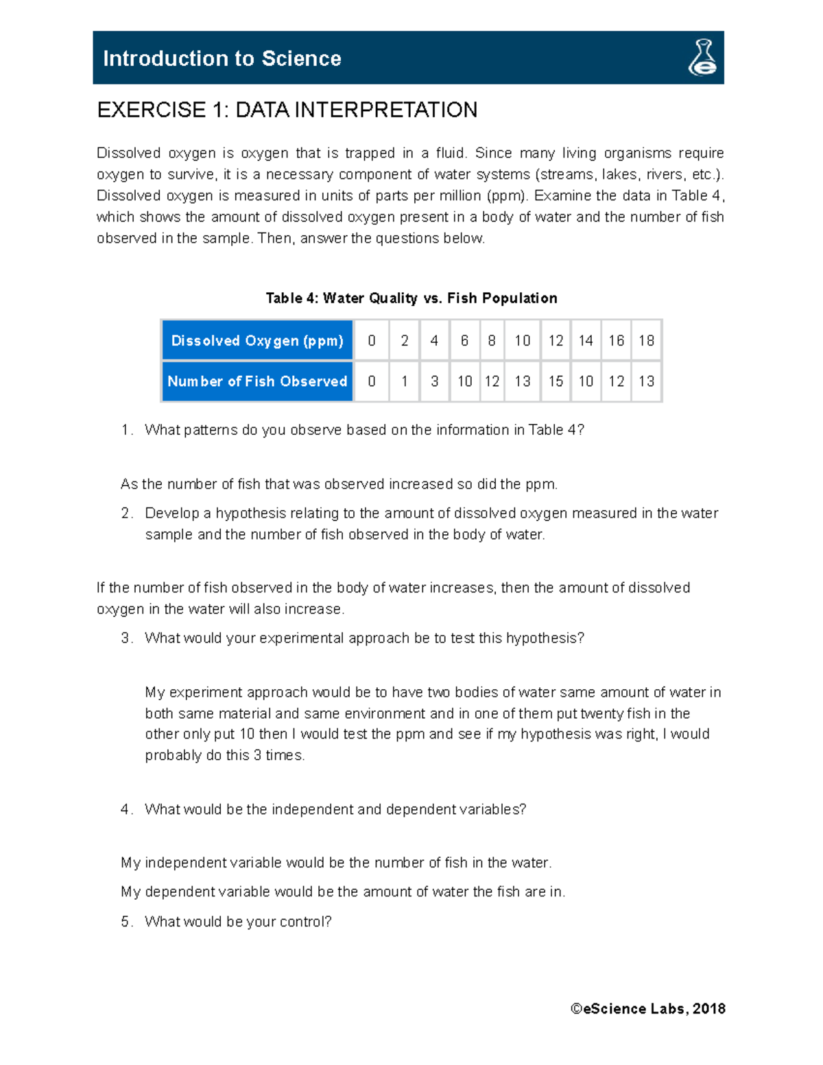 Lab 01 Introduction to Science - EXERCISE 1: DATA INTERPRETATION Dissolved oxygen is oxygen that ...