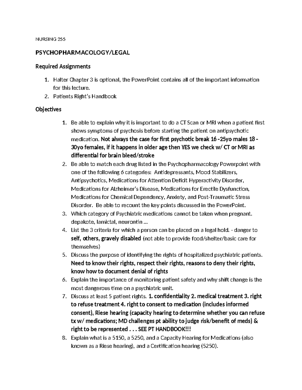Psychopharm Legal Objectives - NURSING 255 PSYCHOPHARMACOLOGY/LEGAL ...