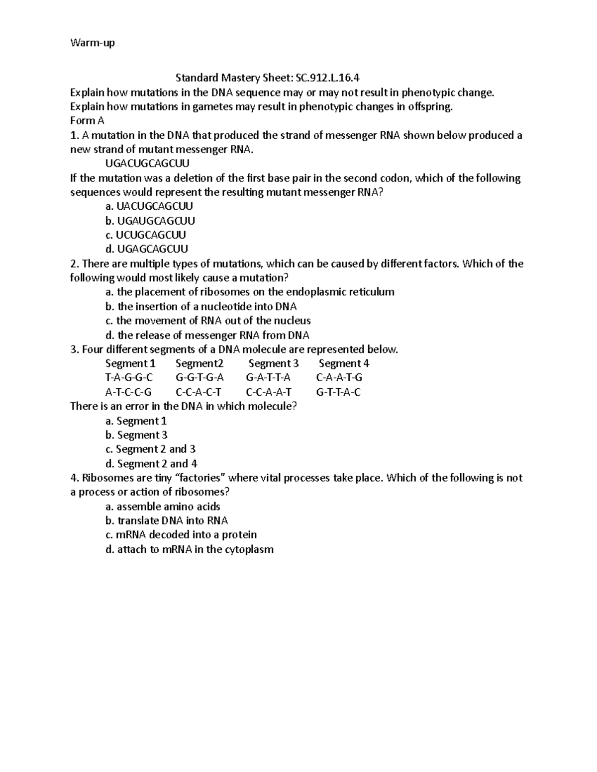 Protein Synthesis Bellringer - Warm-up Standard Mastery Sheet: SC.912.L ...