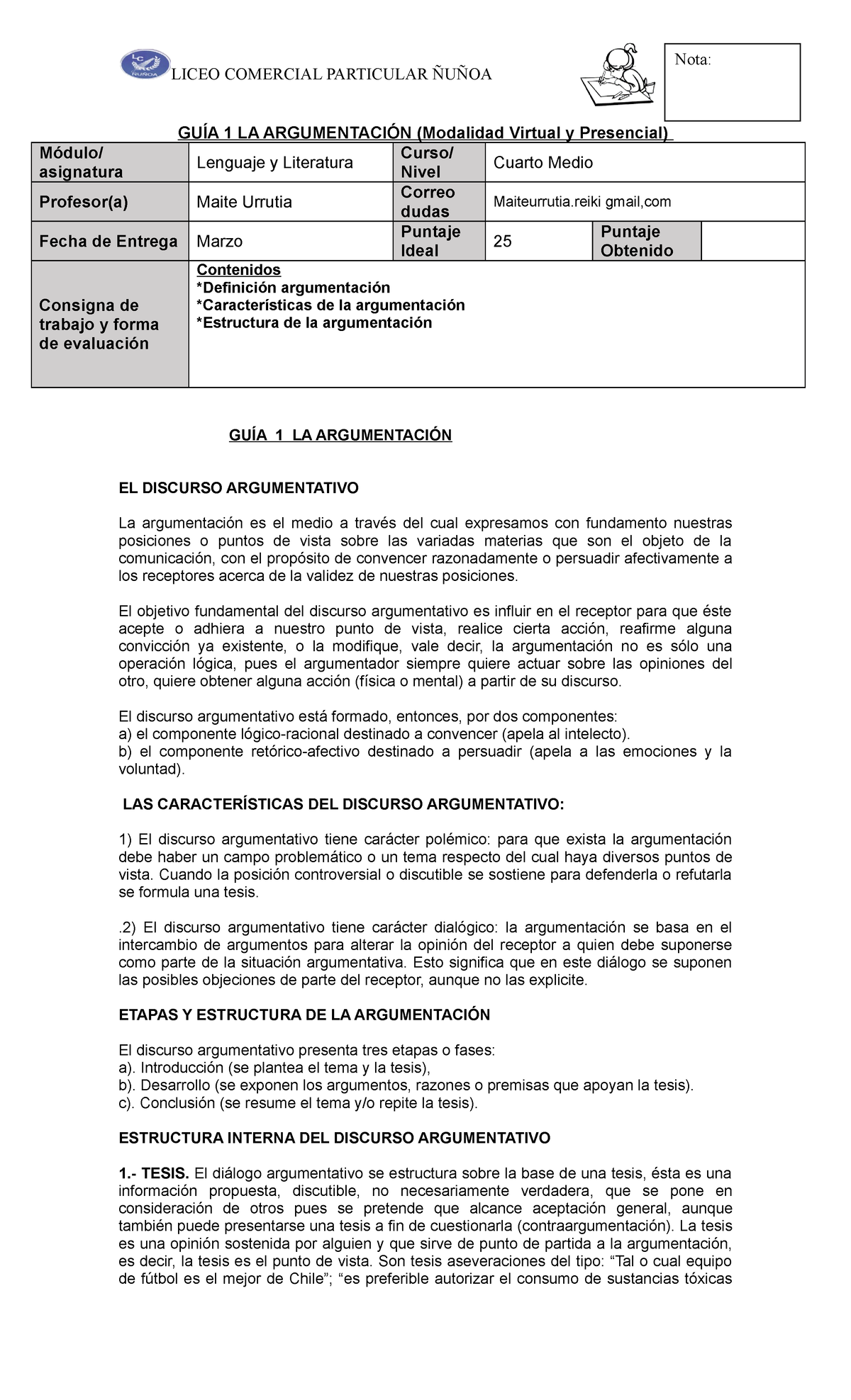 GUIA 1 LA Argumentacion - LICEO COMERCIAL PARTICULAR ÑUÑOA GUÍA 1 LA ...
