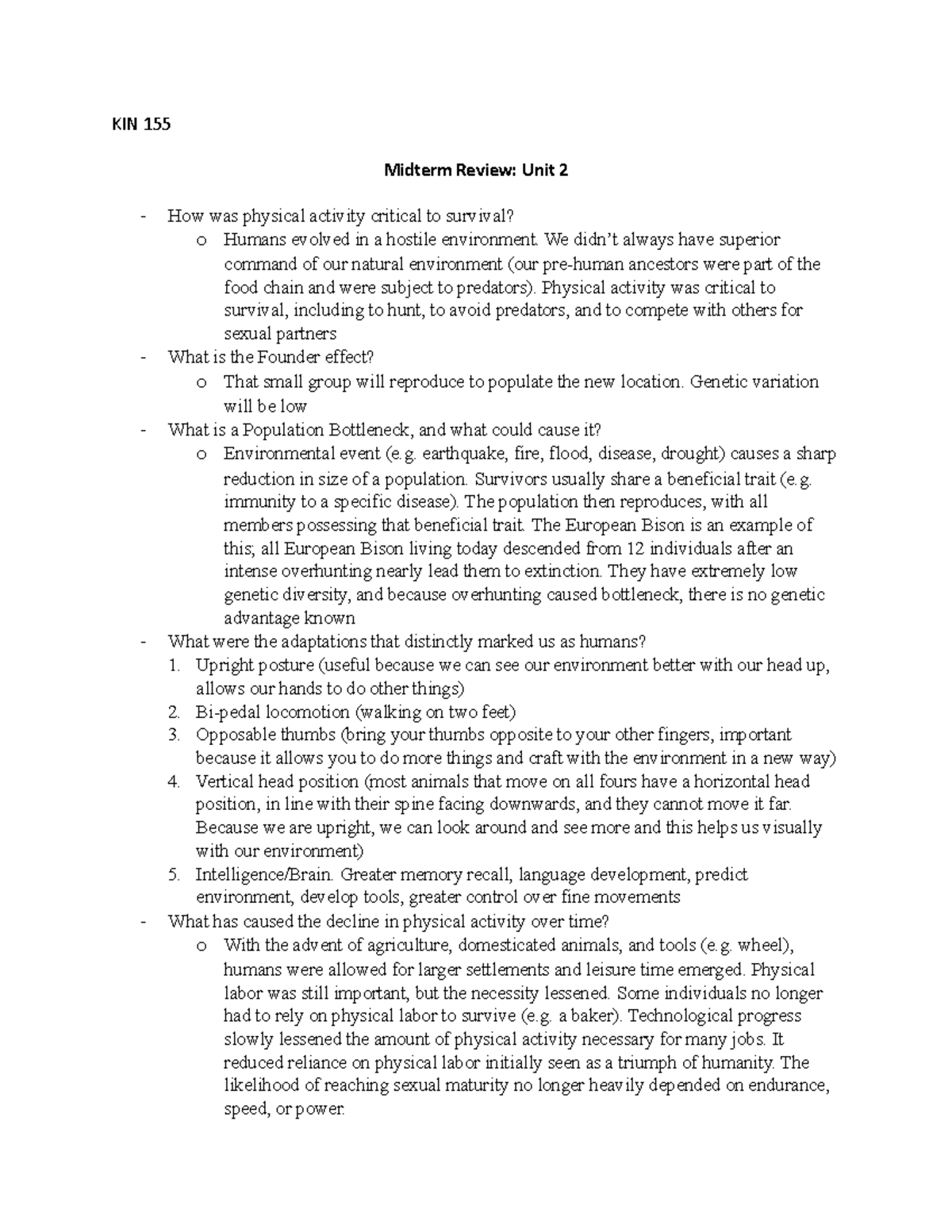 KIN 155 Midterm Review Unit 2 - KIN 155 Midterm Review: Unit 2 How was ...
