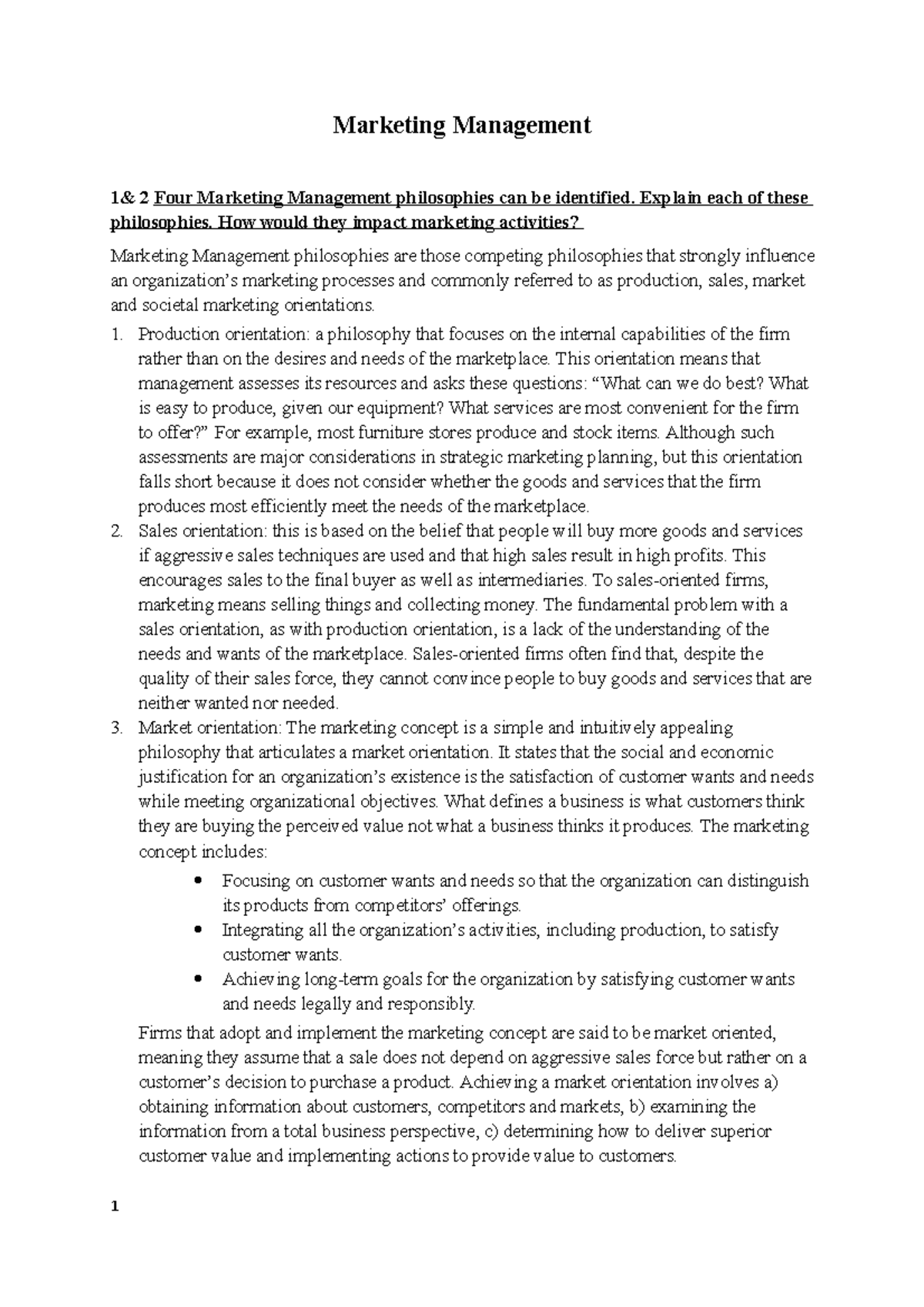 Marketing Management Exam Questions - Marketing Management 1& 2 Four ...