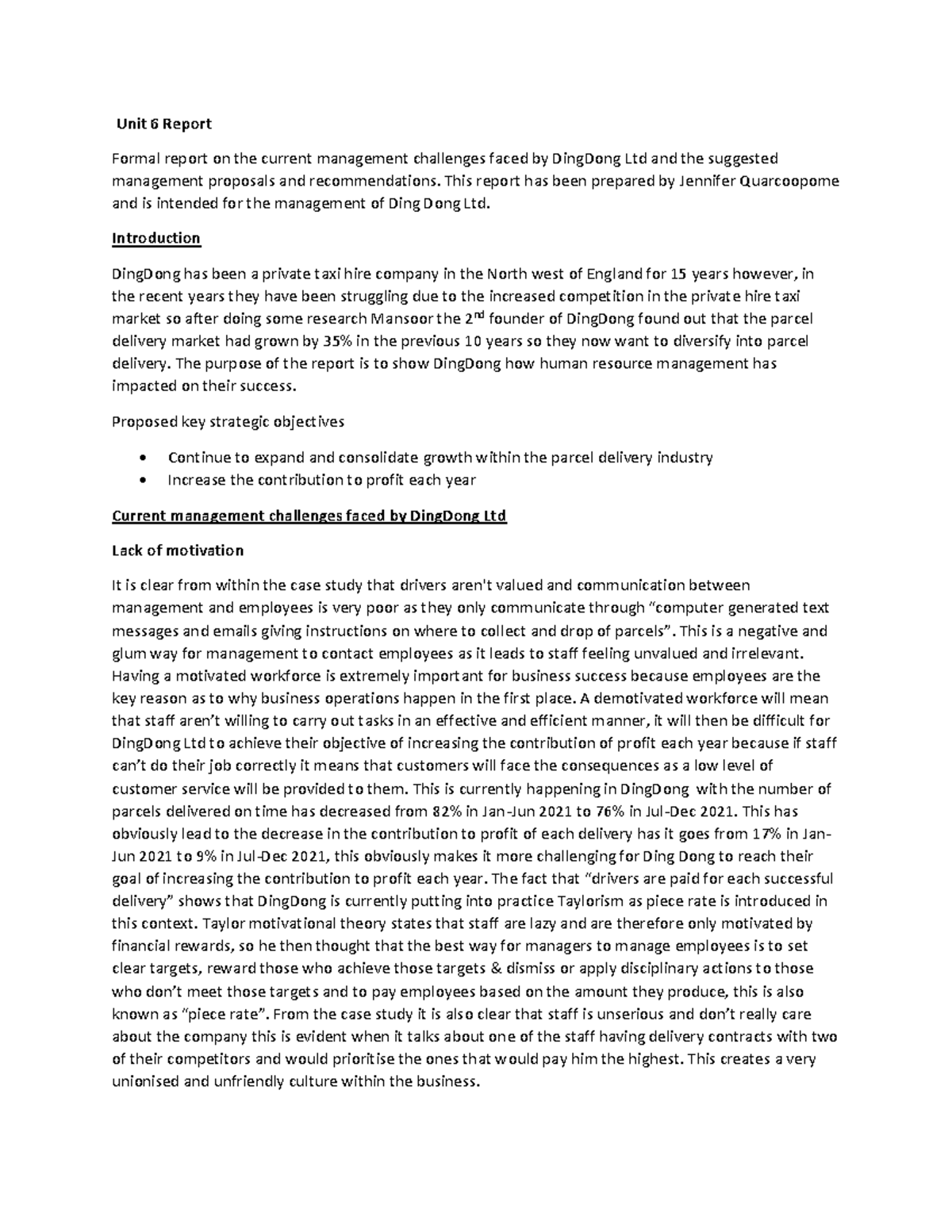 Ding Dong Ltd report Unit 6 principles of management - Unit 6 Report ...