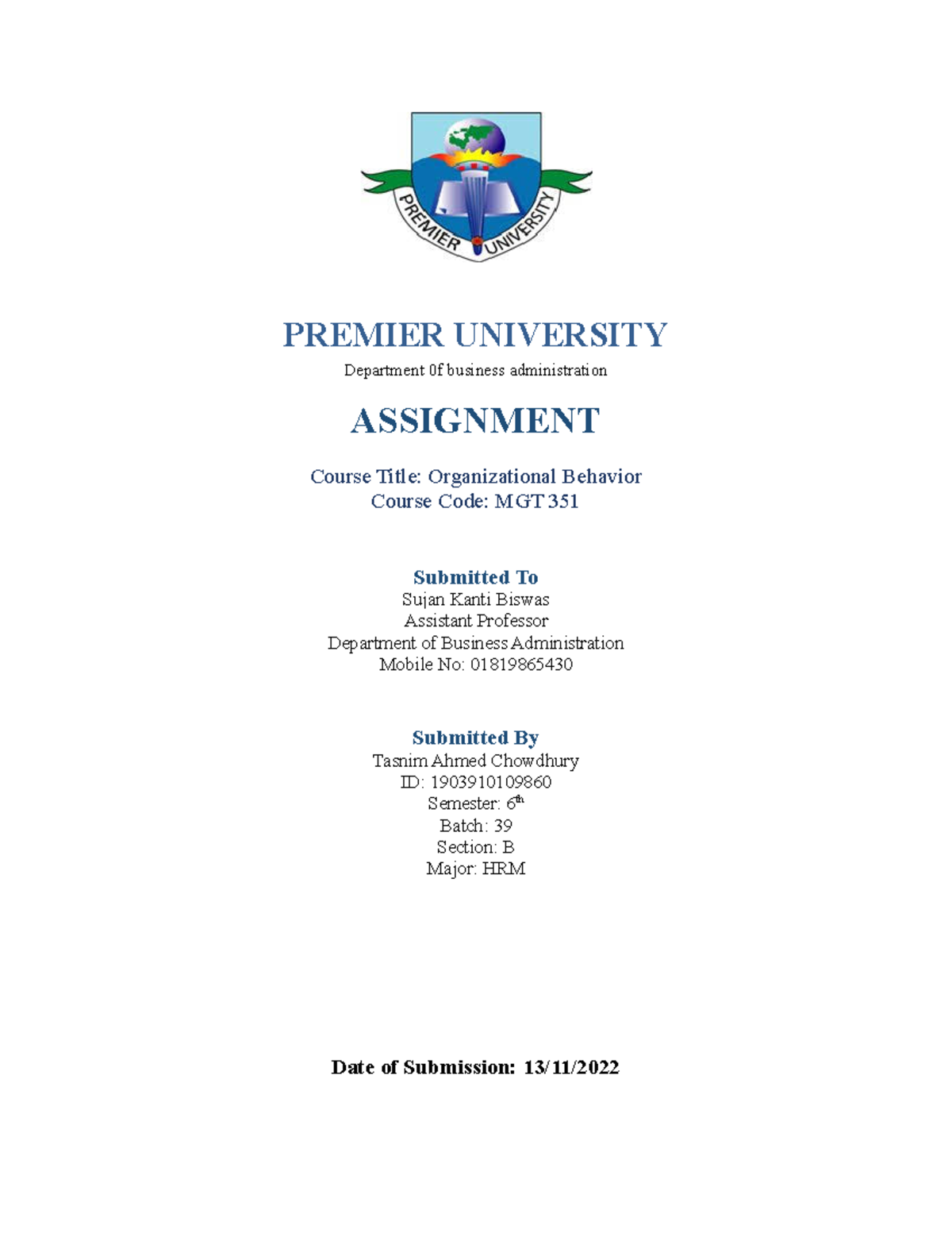 OB Assignment - PREMIER UNIVERSITY Department 0f business ...