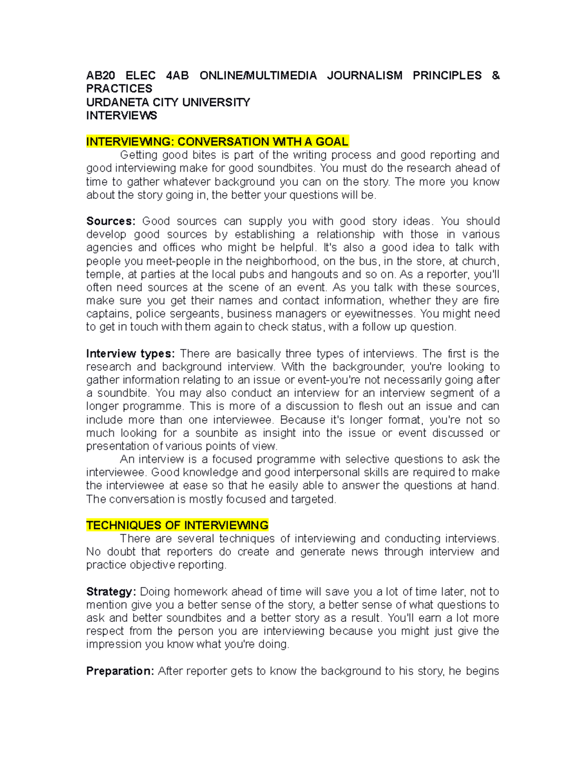 Interviews ( Multimedia Journalism Principles AND Practices) - AB20 ...