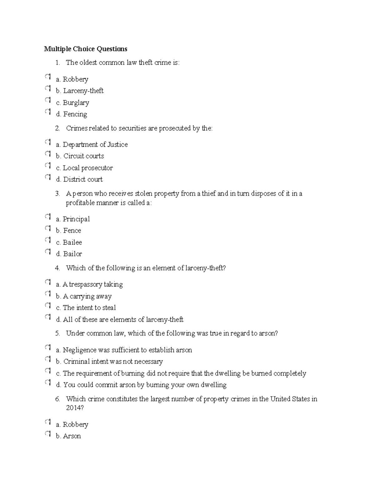 Multiple Choice Questions - Robbery b. Larceny-theft c. Burglary d ...