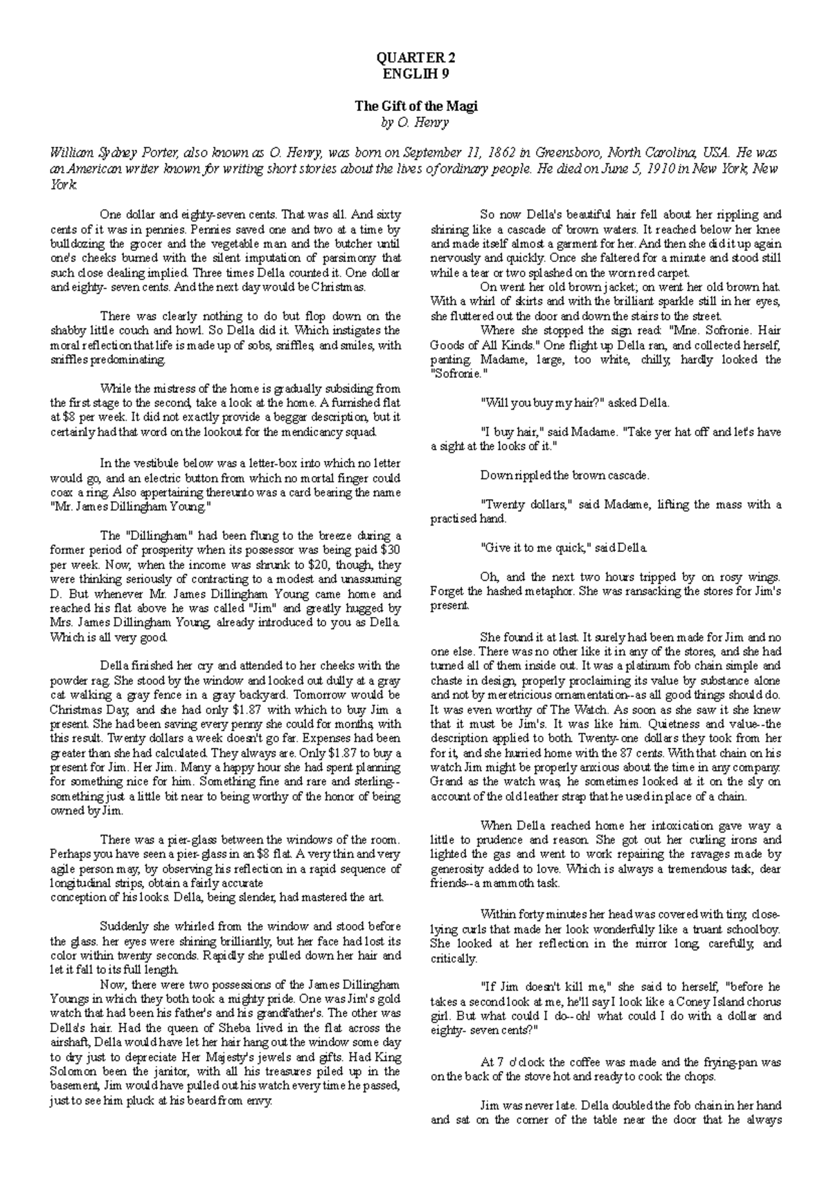 The Gift of the Magi - Story - QUARTER 2 ENGLIH 9 The Gift of the Magi ...