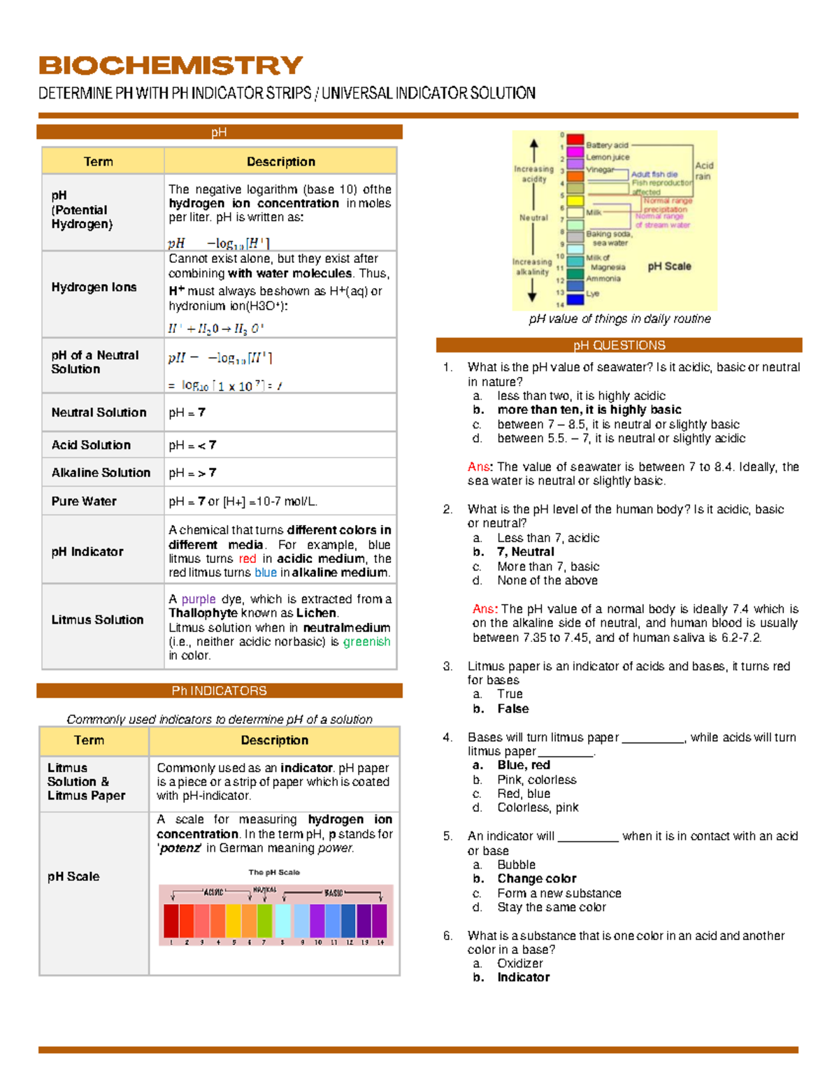Biochemistry L p H - pH Term Description pH (Potential Hydrogen) The ...