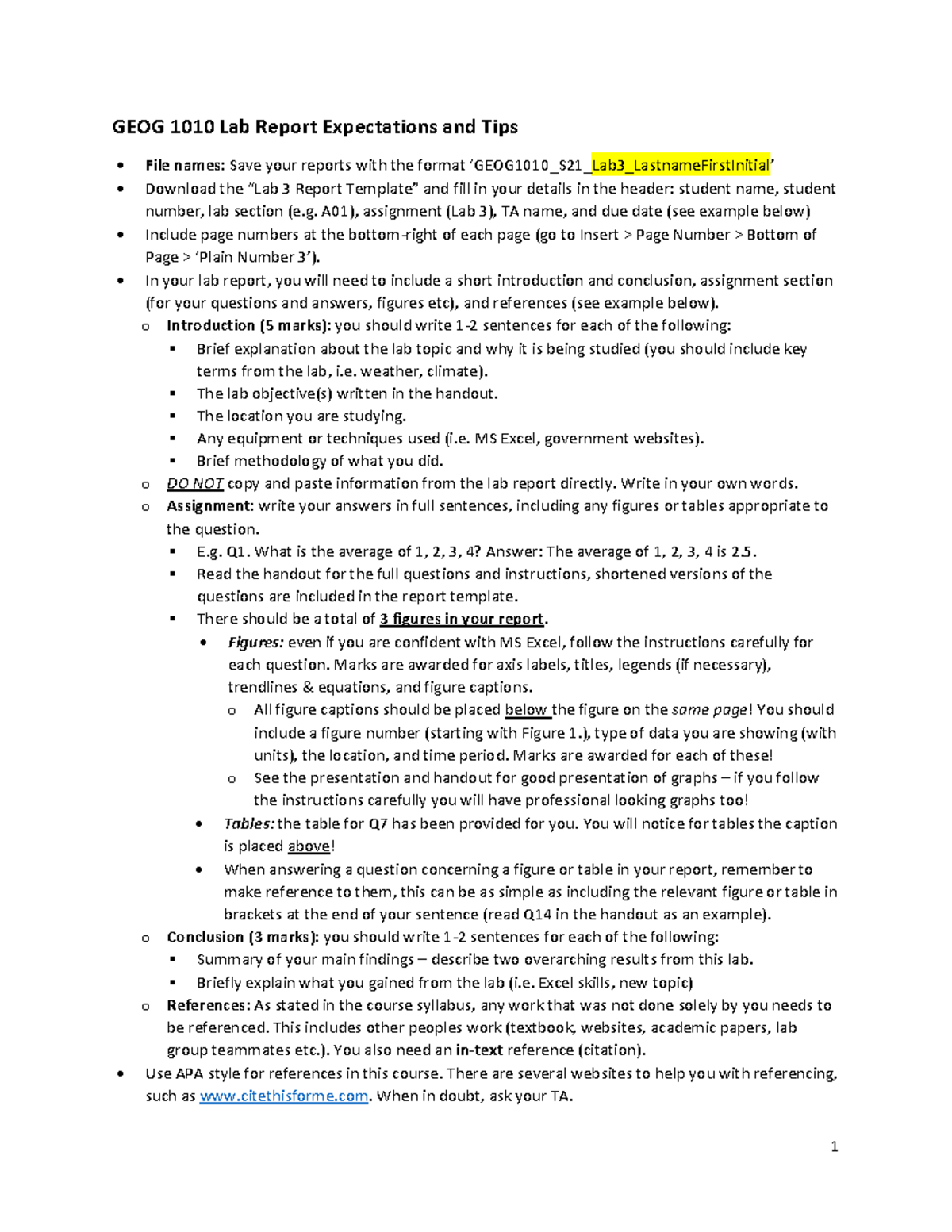 GEOG 1010 Lab Report Expectations and Tips - A01), assignment (Lab 3 ...