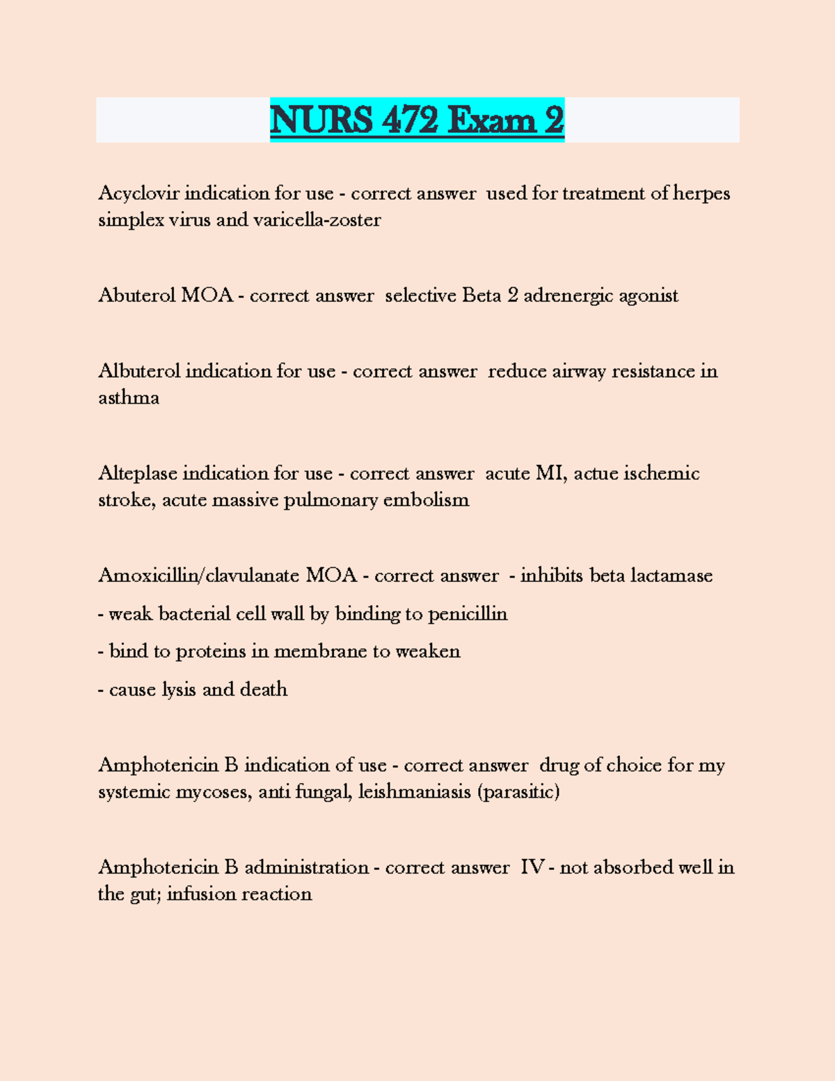 NURS 472 Exam 1 - Nurse 472 - NURS 472 Exam 2 Acyclovir indication for use - correct answer used ...