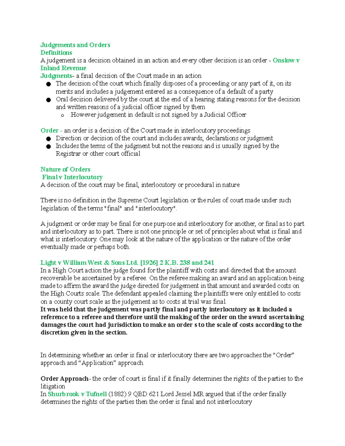 Civil 2 Full Exam Notes - Judgements and Orders Definitions A judgement ...