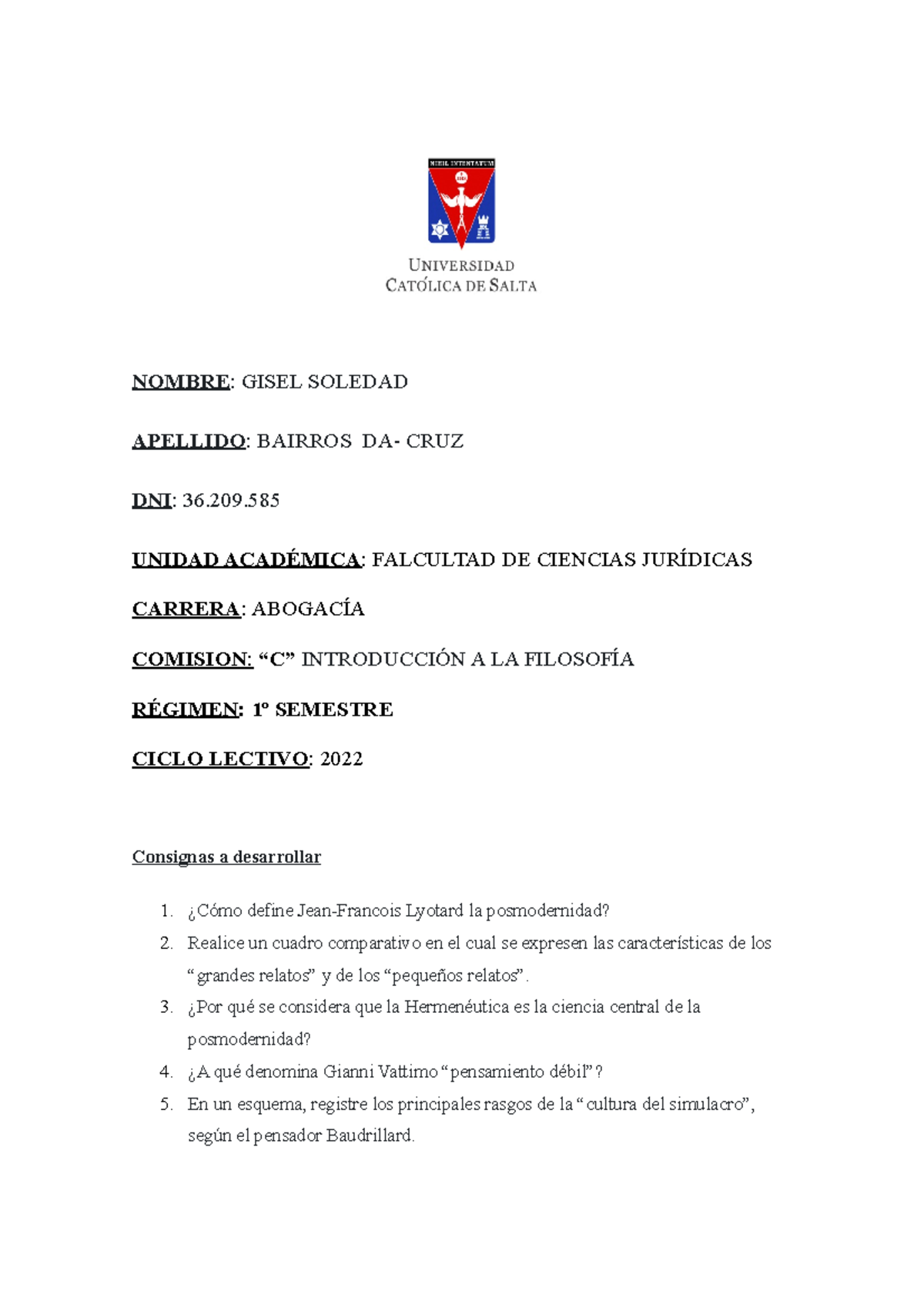 TP Nº 4 Filosofia - NOMBRE: GISEL SOLEDAD APELLIDO: BAIRROS DA- CRUZ ...