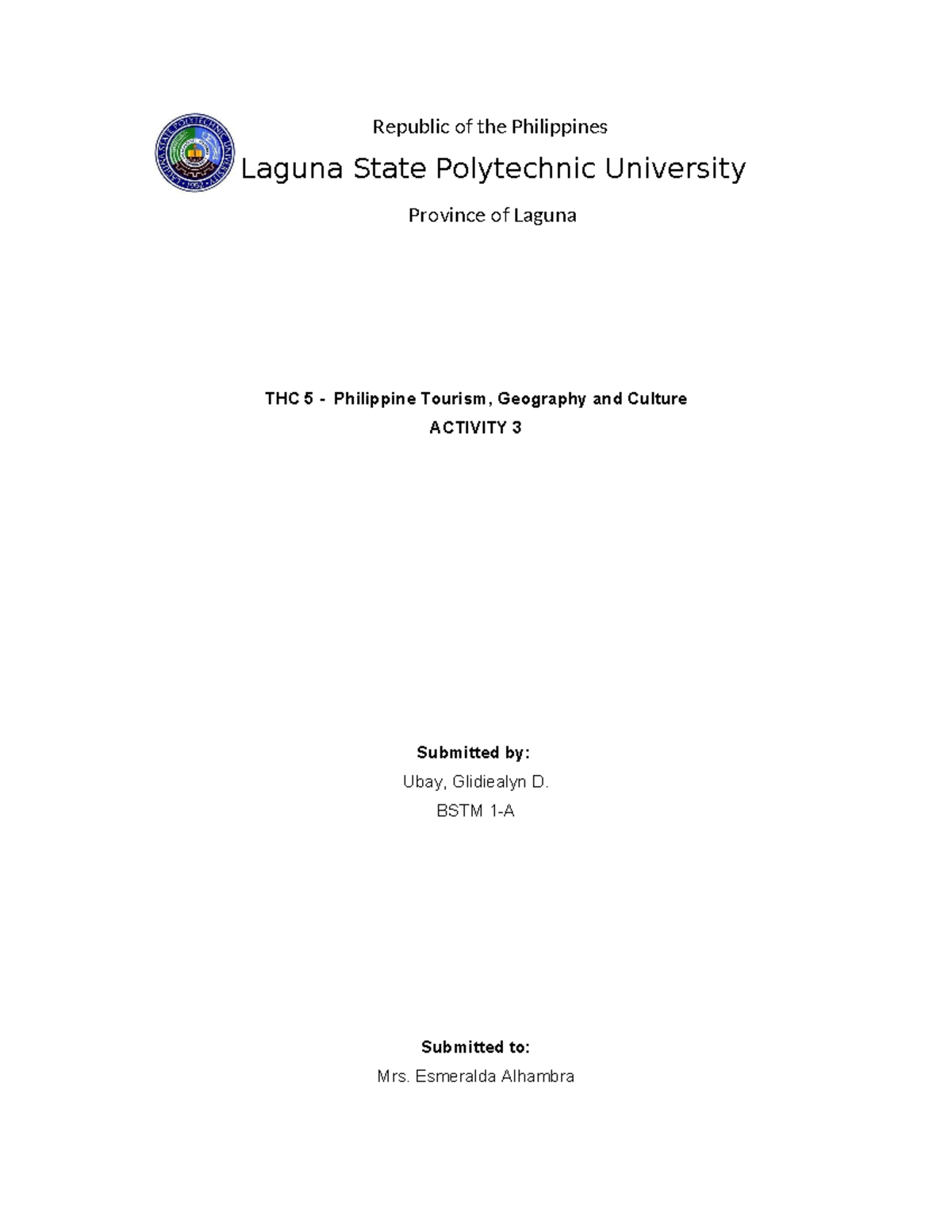 Phil Tour - Activity 3 - none - Republic of the Philippines Laguna ...