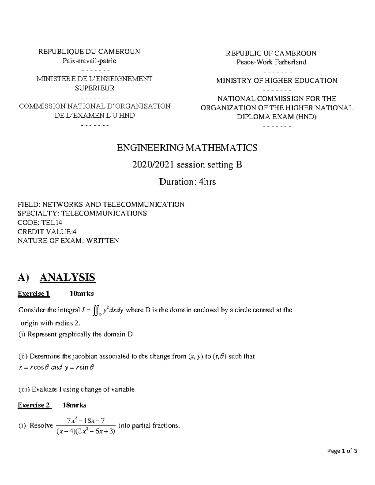 Mathematics TEL14 Setting B - Page 1 of 3 ENGINEERING MATHEMATICS 2020 /202 1 session setting B ...