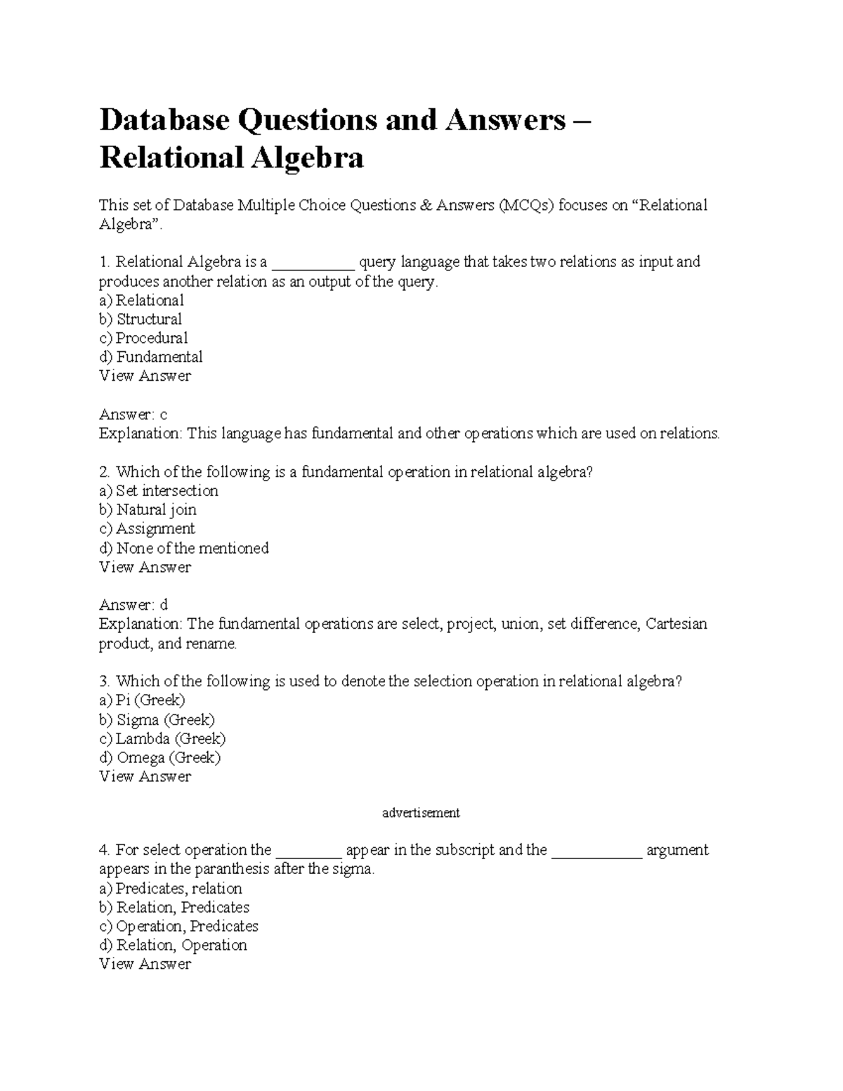 Database Questions And Answers Relational Algebra Database Questions And Answers Relational 