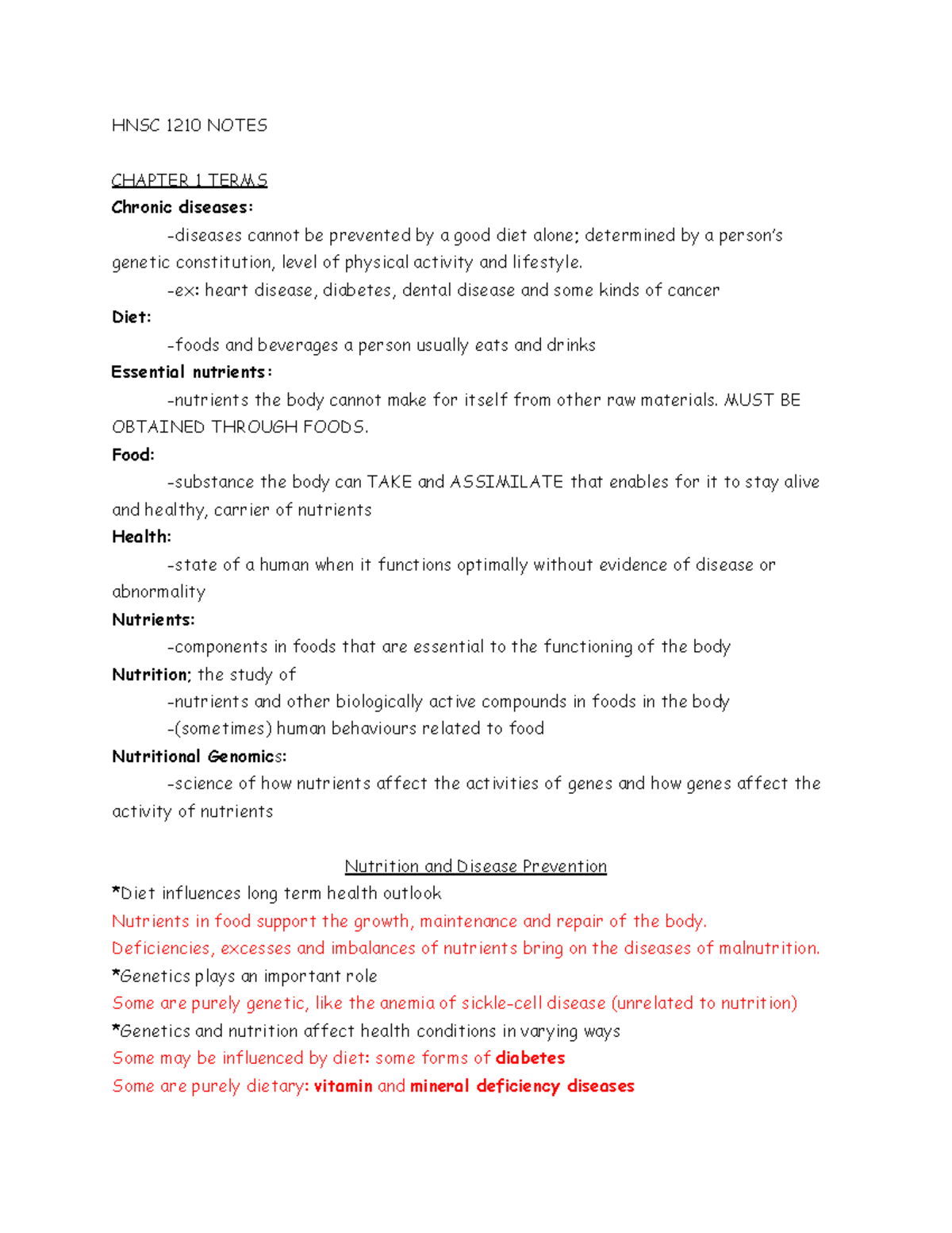 UofM HNSC 1210 Notes - HNSC 1210 NOTES CHAPTER 1 TERMS Chronic diseases ...
