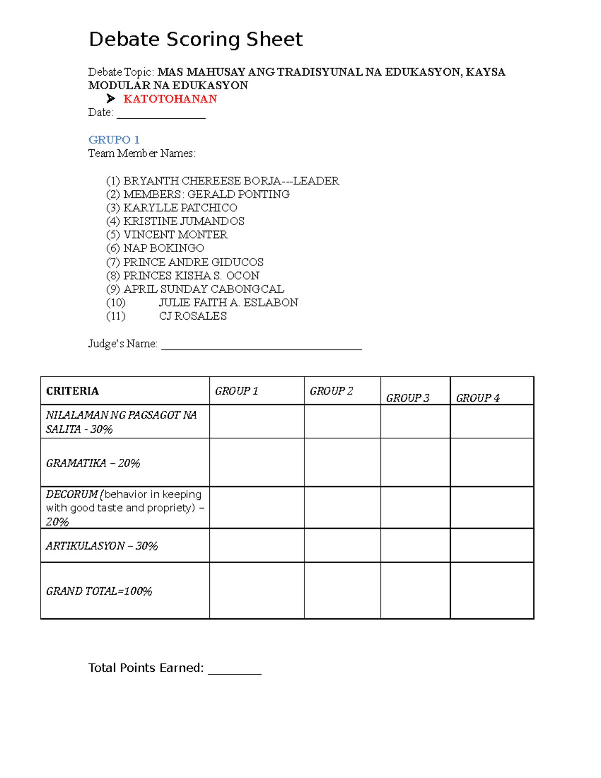Debate-Scoring-Sheet - Debate Topic: MAS MAHUSAY ANG TRADISYUNAL NA ...