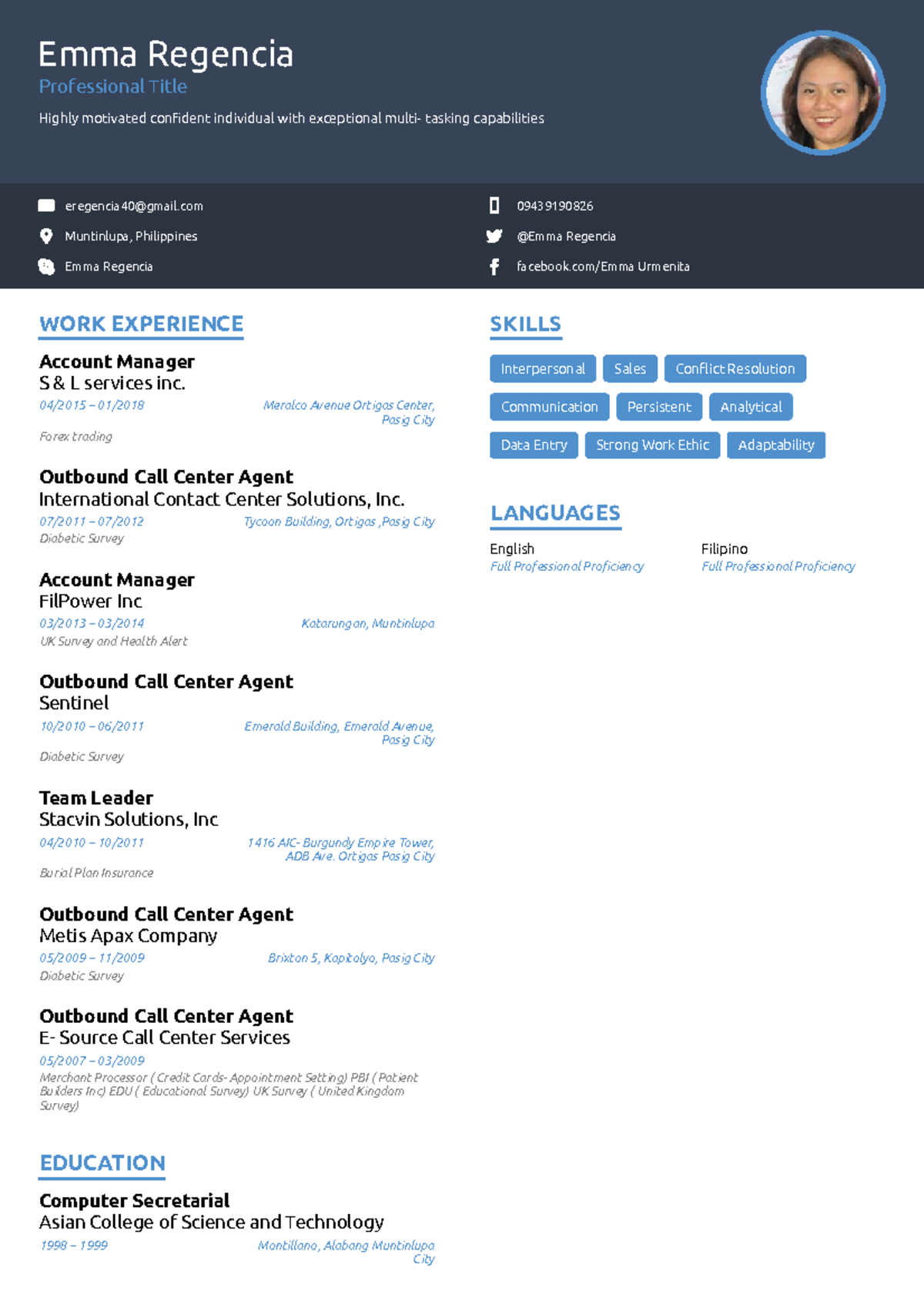 Emma's Resume - additional infotmatio - Emma Regencia Professional ...