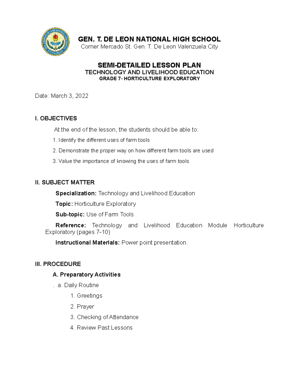 Semi-detailed-LP-Week3 Lesson 3 TLE Horticulture 3rd Quarter - GEN. T ...