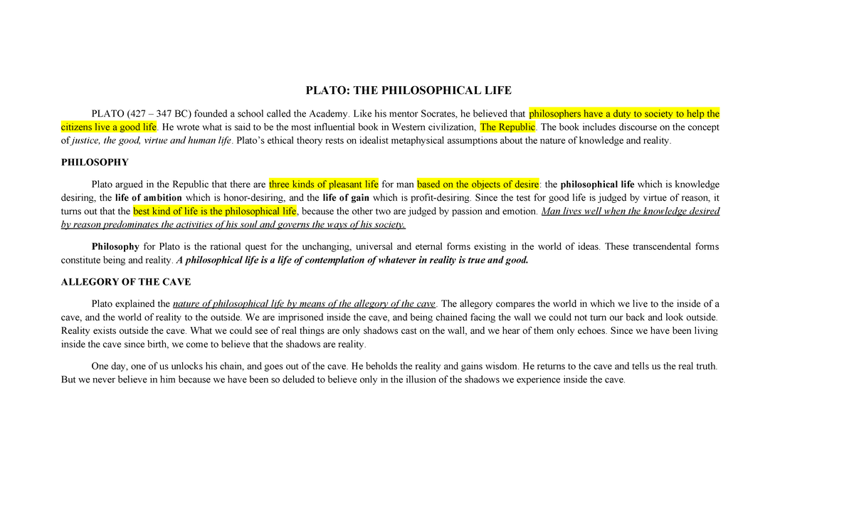 Platos allegory of the cave Written Task - PLATO: THE PHILOSOPHICAL ...