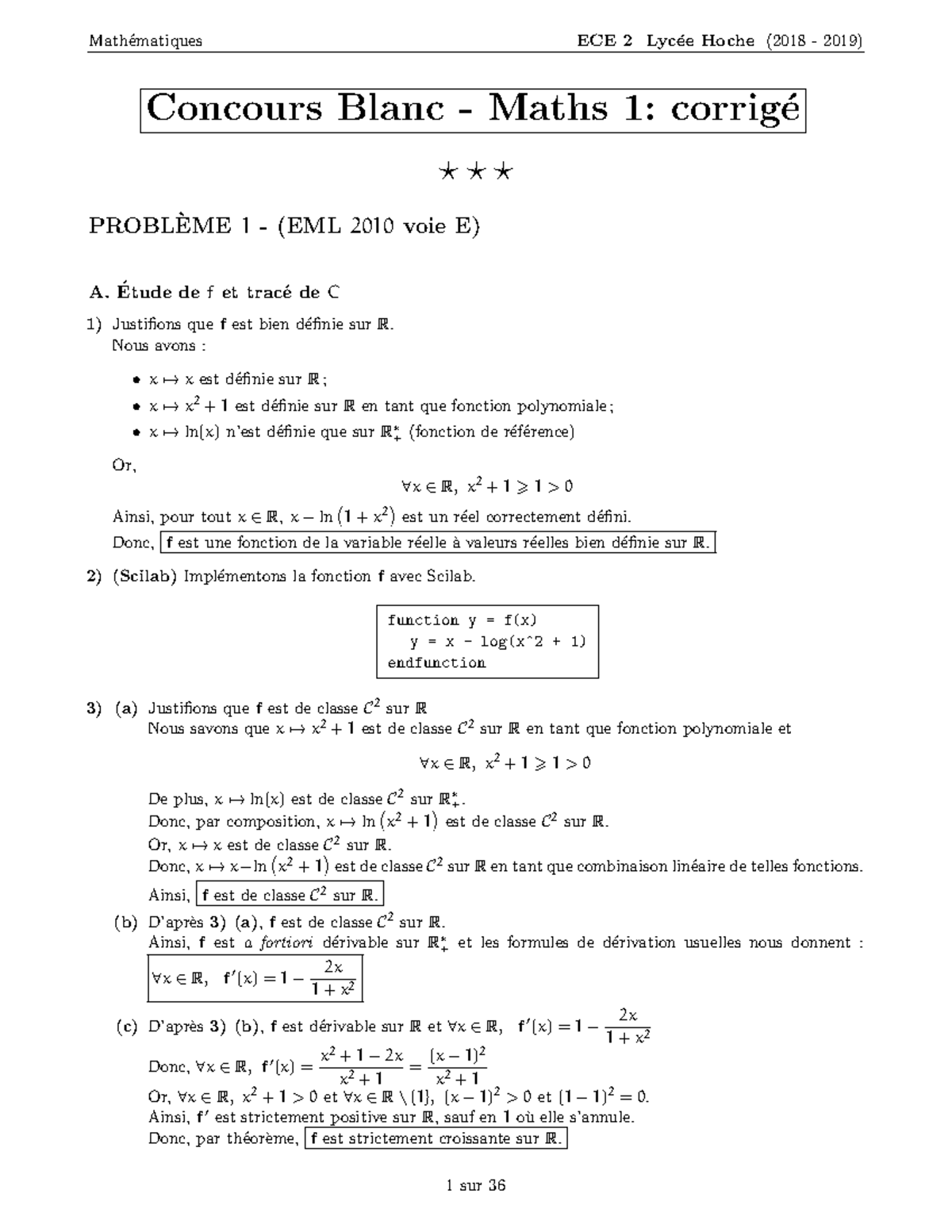 CB 1 cor - DS maths - Concours Blanc - Maths 1: corrig ́e ⋆ ⋆ ⋆ PROBLEME` 1 - (EML 2010 voie E ...