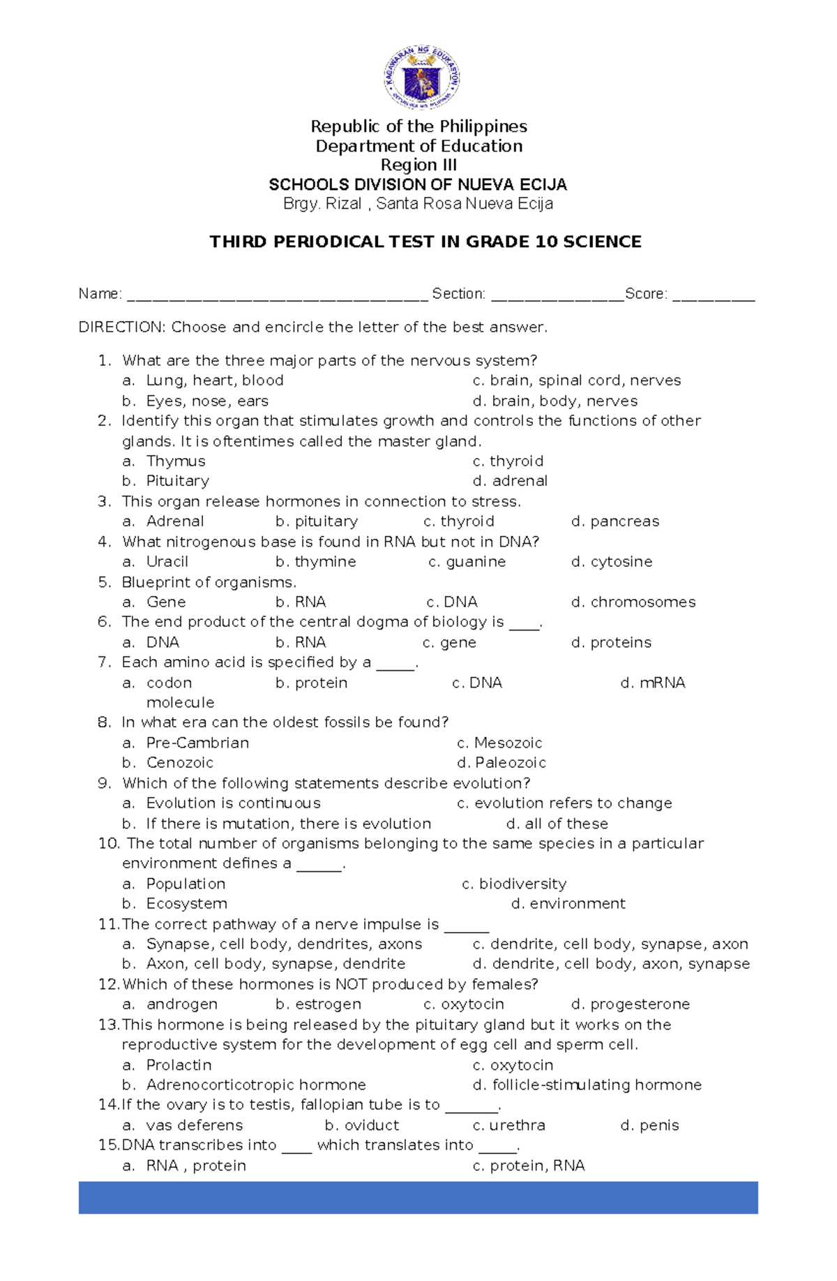 Grade 10 Regular Science - Republic of the Philippines Department of ...