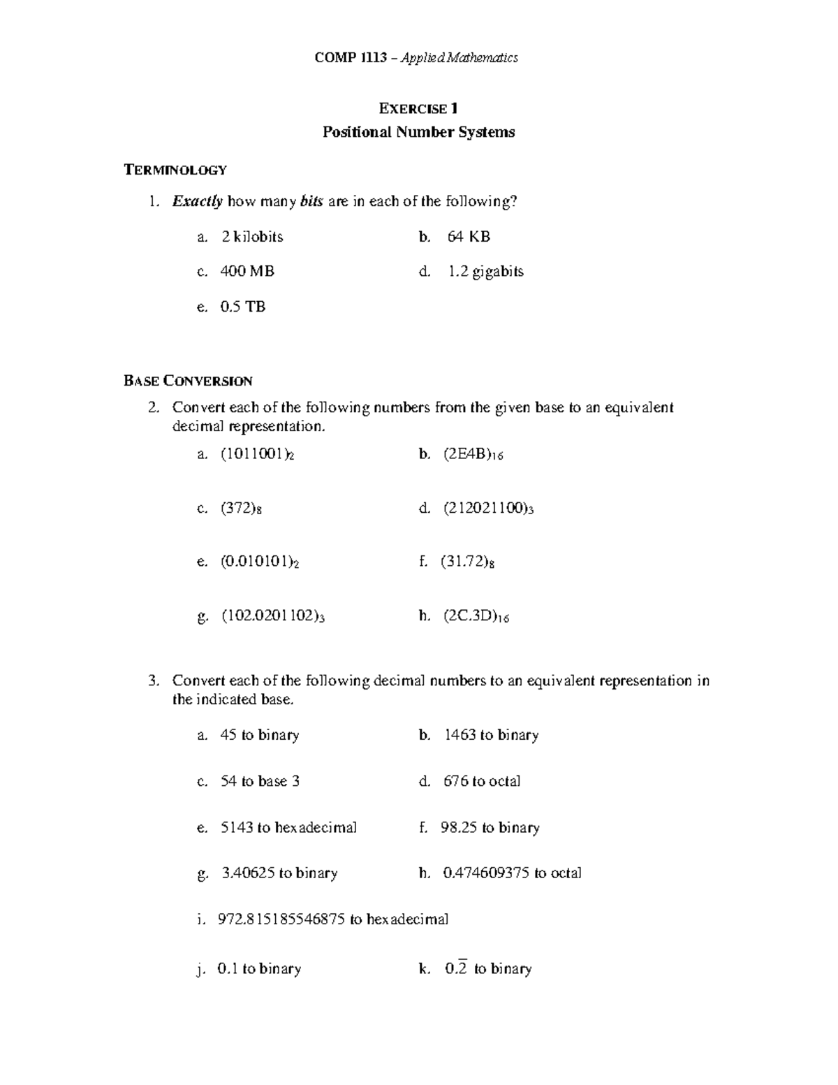 Exercise 1 Positional Number Systems Comp 1113 Applied Mathematics Exercise 1 Positional