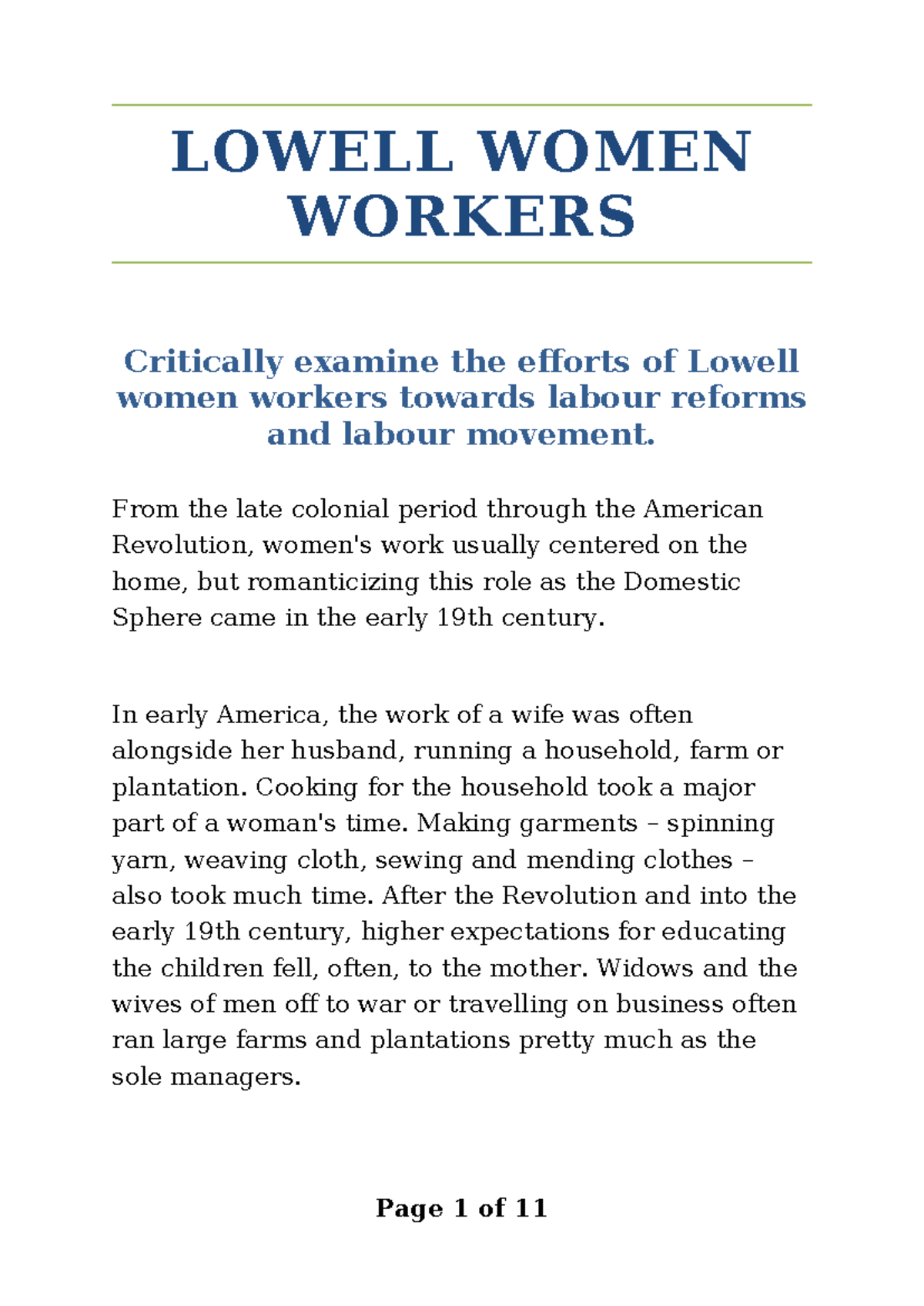 Lowell women workers - LOWELL WOMEN WORKERS Critically examine the ...