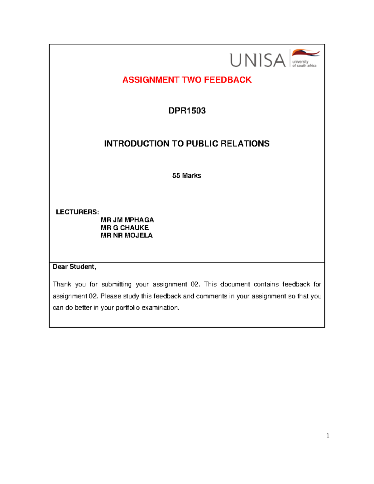 DPR1503 Assignment 02 Feedback (Auto Recovered) - ASSIGNMENT TWO ...