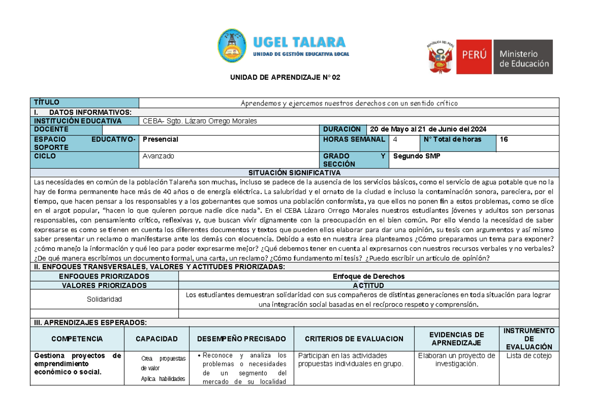 Unidad 2 DE EPT 2DO SMP 150424 - UNIDAD DE APRENDIZAJE Nº 02 TÍTULO ...